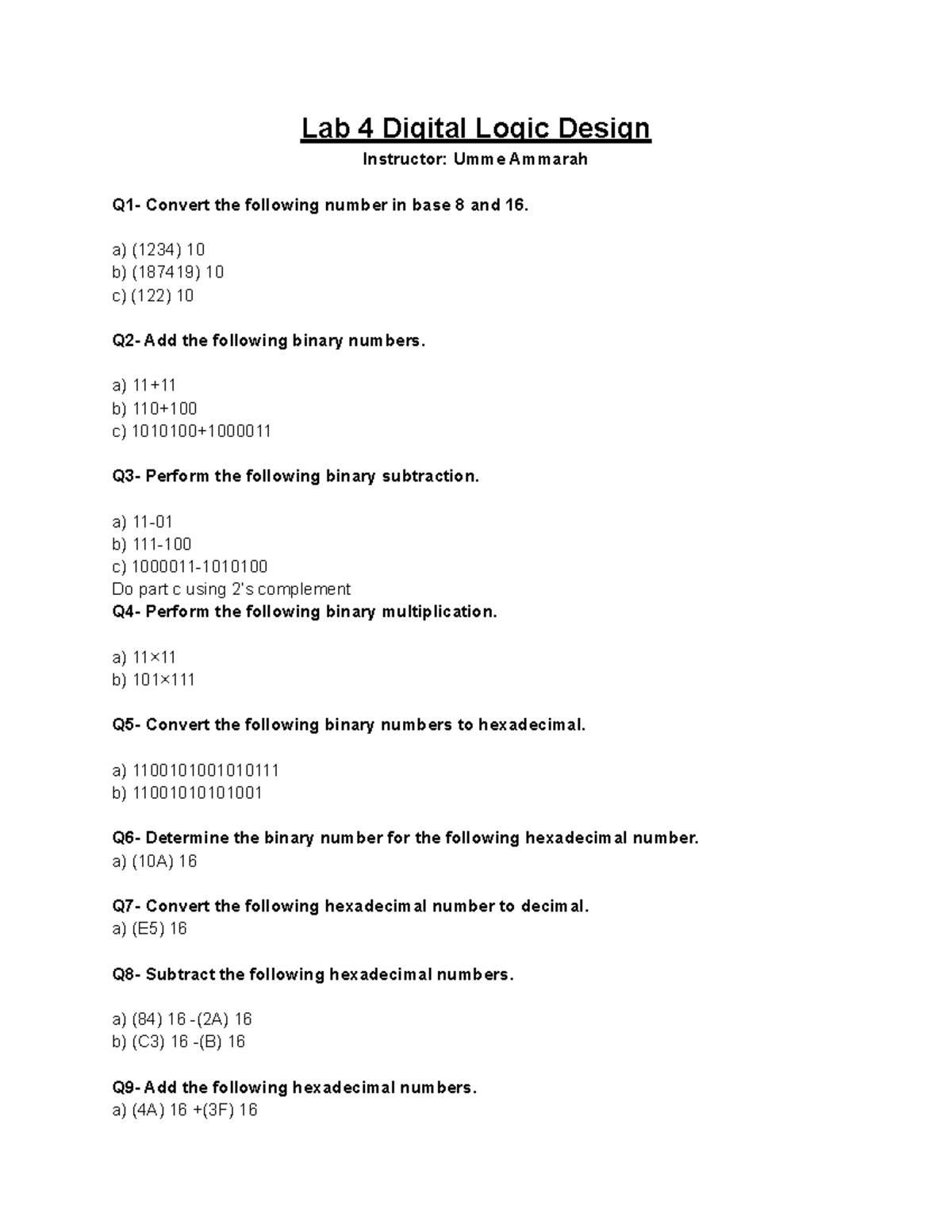 Lab 4 Digital logic - Lab 4 Digital Logic Design Instructor: Umme ...