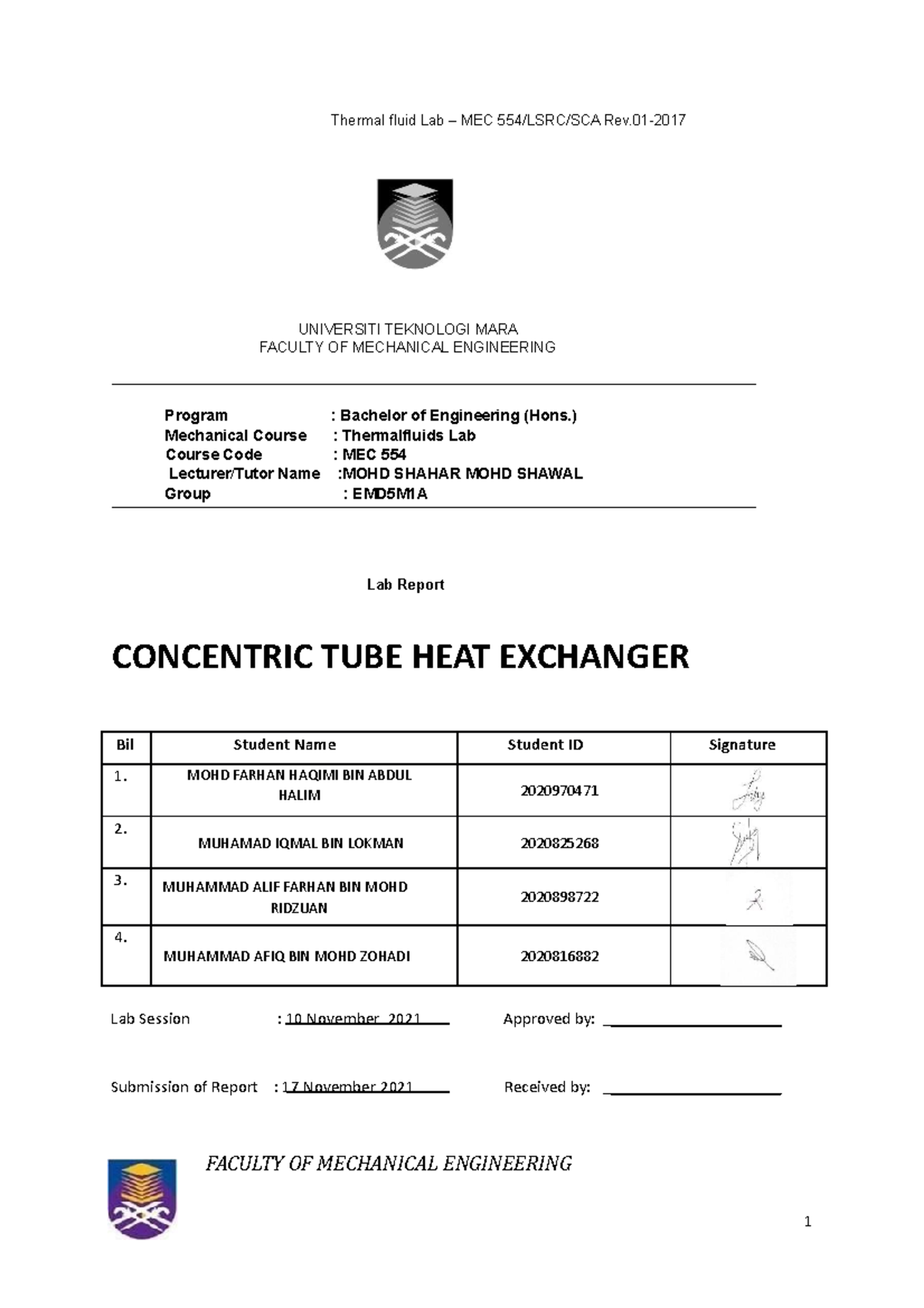 Concentric tube heat exchanger G3 - Thermal fluid Lab – MEC 554/LSRC ...