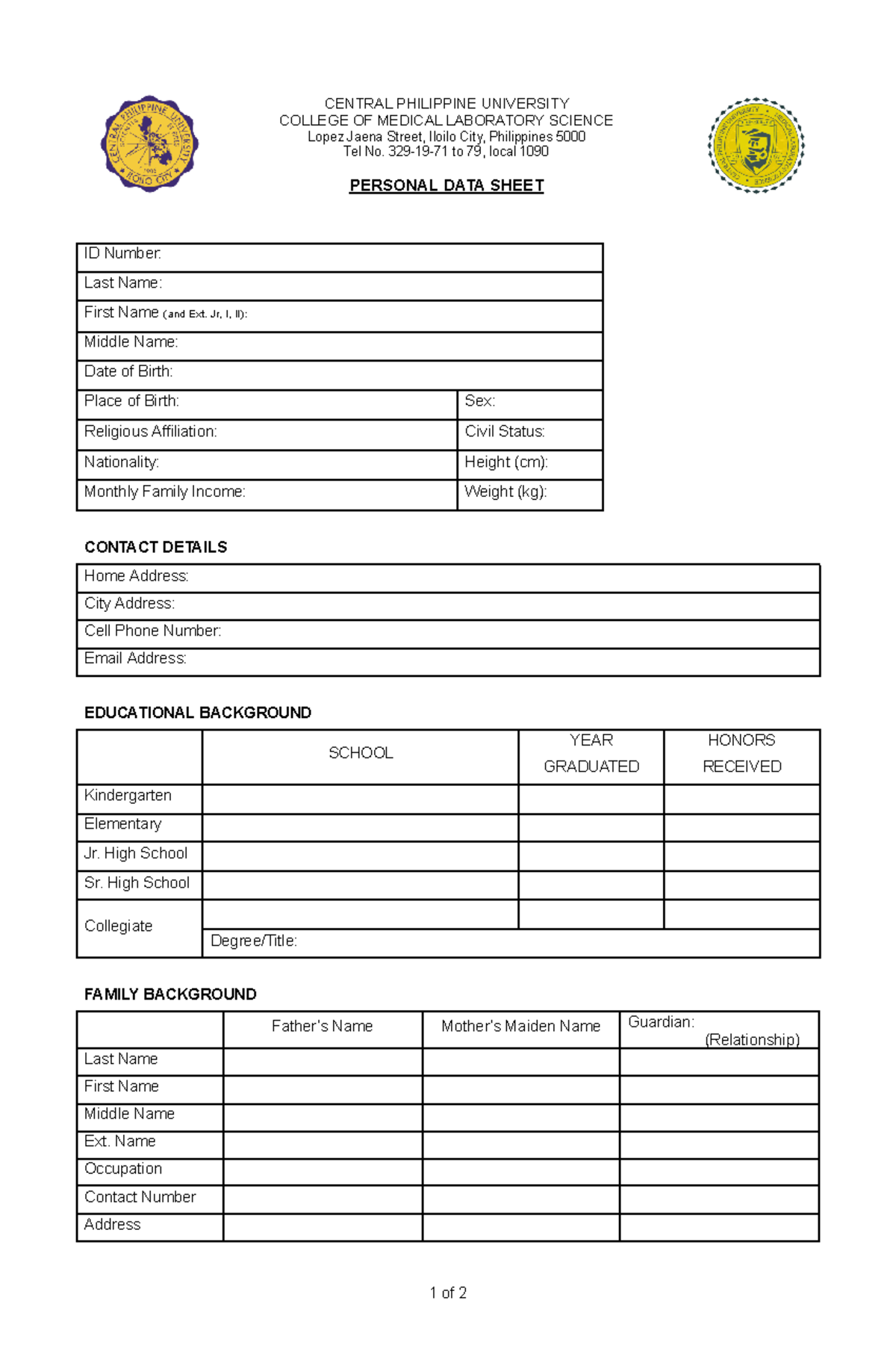 CMLS Personal Data Sheet - CENTRAL PHILIPPINE UNIVERSITY COLLEGE OF MEDICAL LABORATORY SCIENCE ...