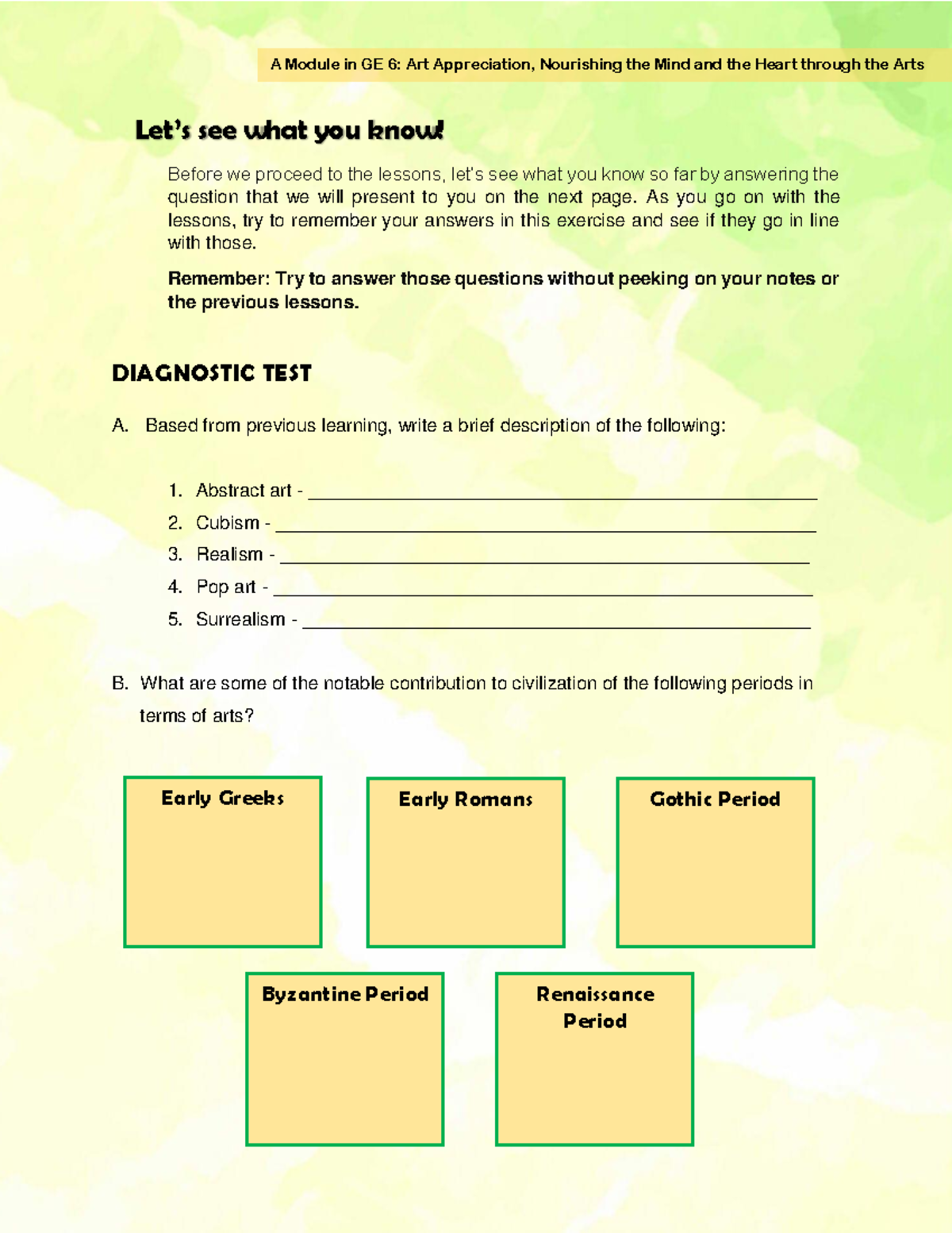 Lessons in Unit 3 - Art Appreciation - Let’s see what you know! Before ...