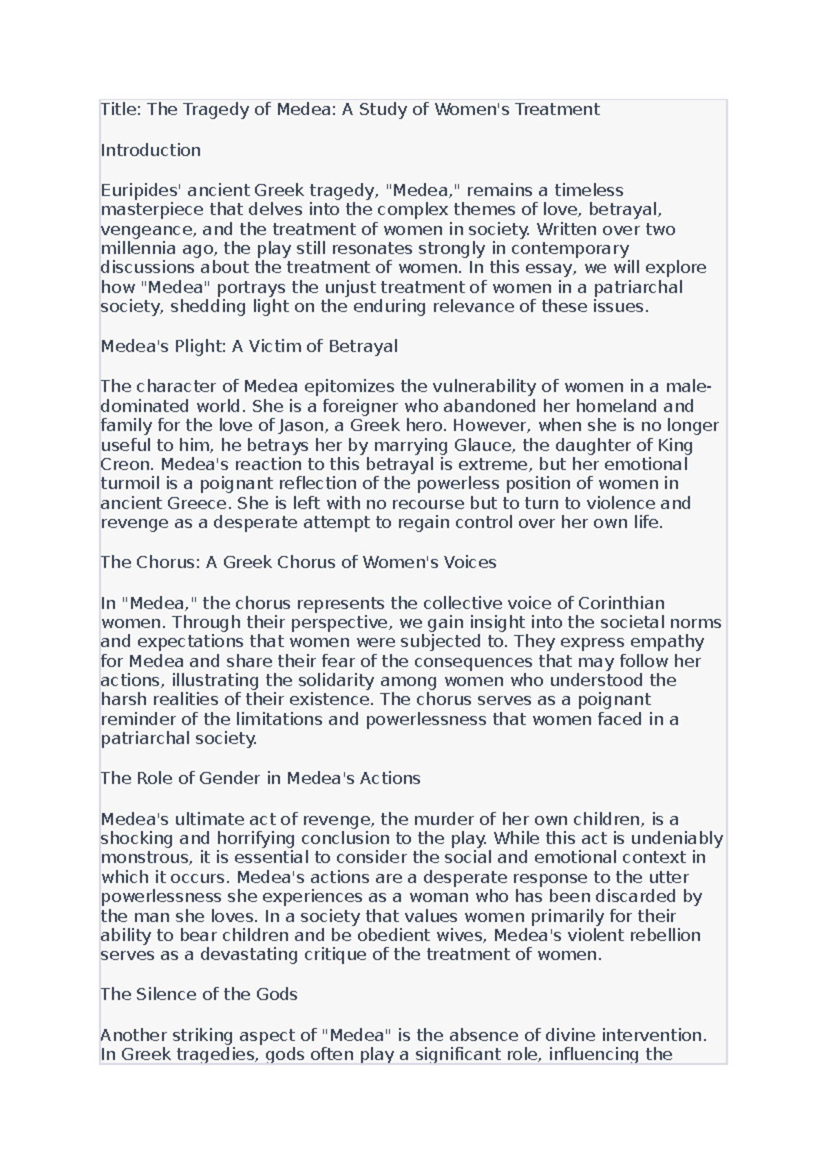 Medea - women treatment - Title: The Tragedy of Medea: A Study of Women ...