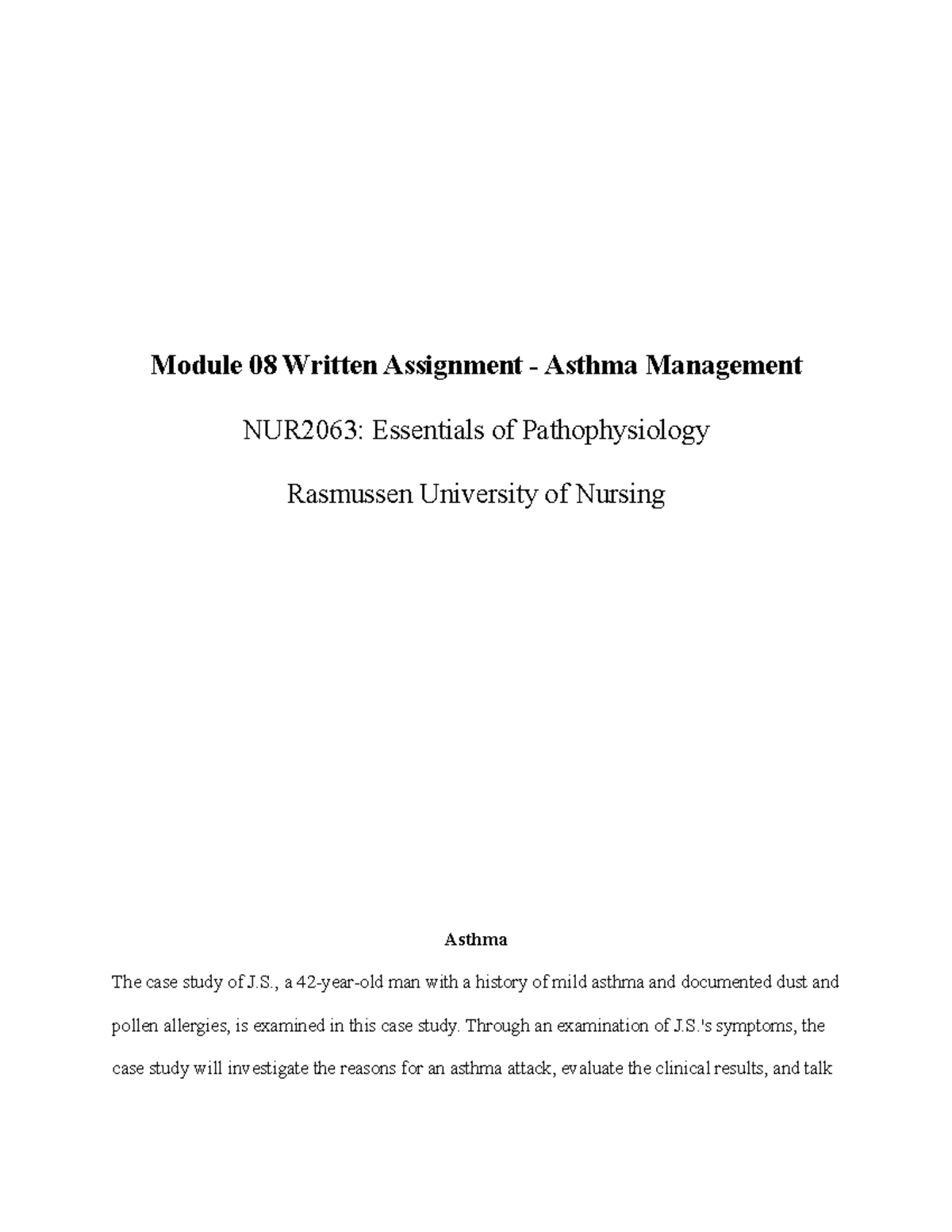 Module 08 Written Assignment Asthma - Module 08 Written Assignment - Asthma Management NUR2063 ...