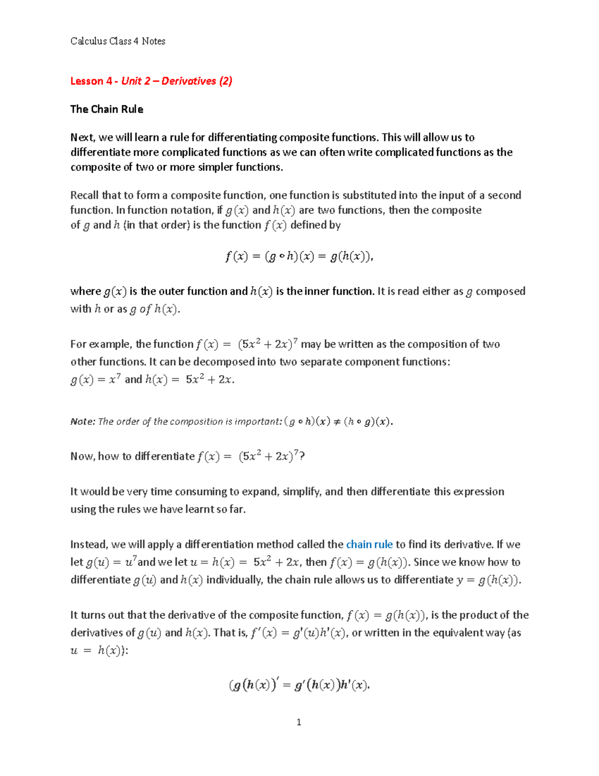 Class 04 Calculus Notes Feb 25-Mar 03 - Lesson 4 - Unit 2 – Derivatives ...