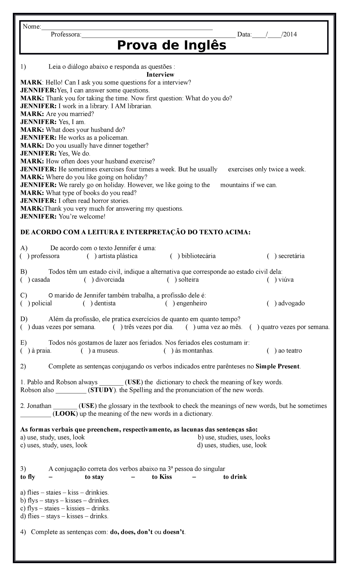 Prova de Inglês Aplicado - Nome ...