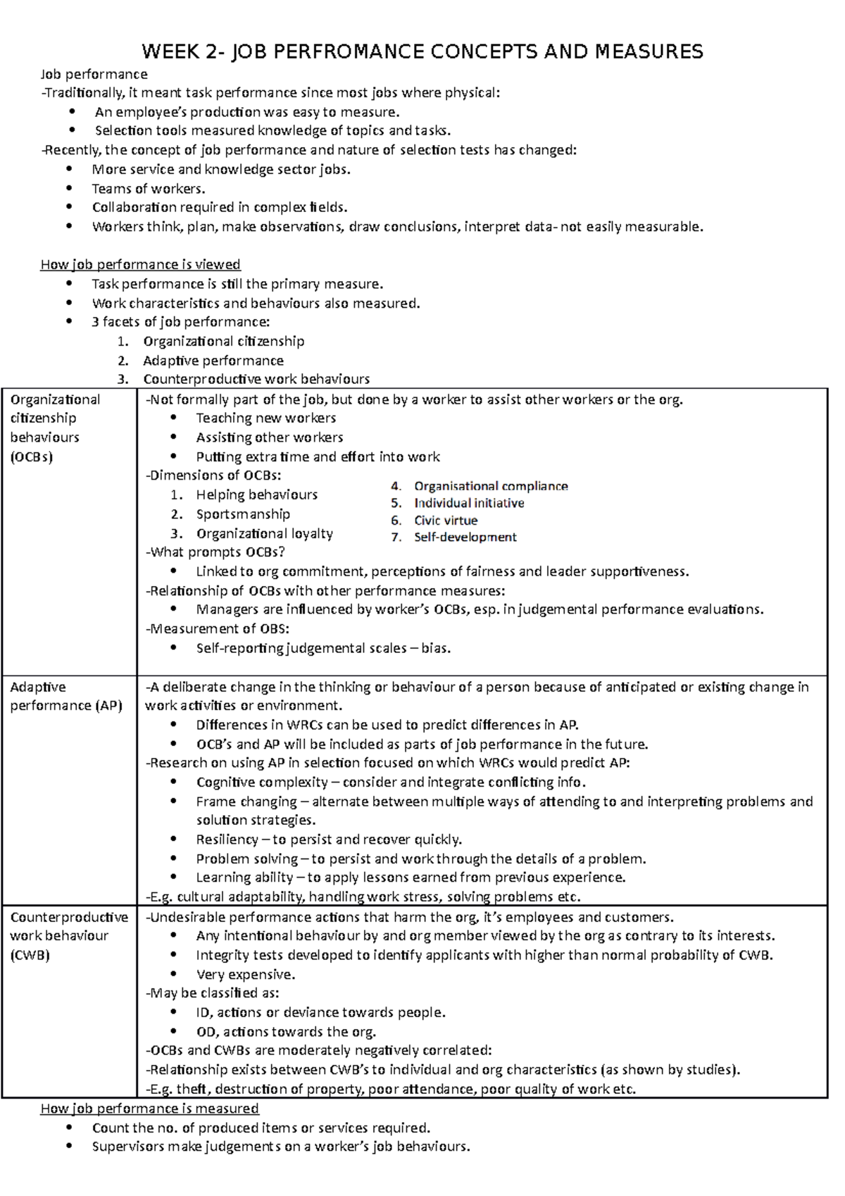 HRM250 chapter 3 notes - WEEK 2- JOB PERFROMANCE CONCEPTS AND MEASURES ...