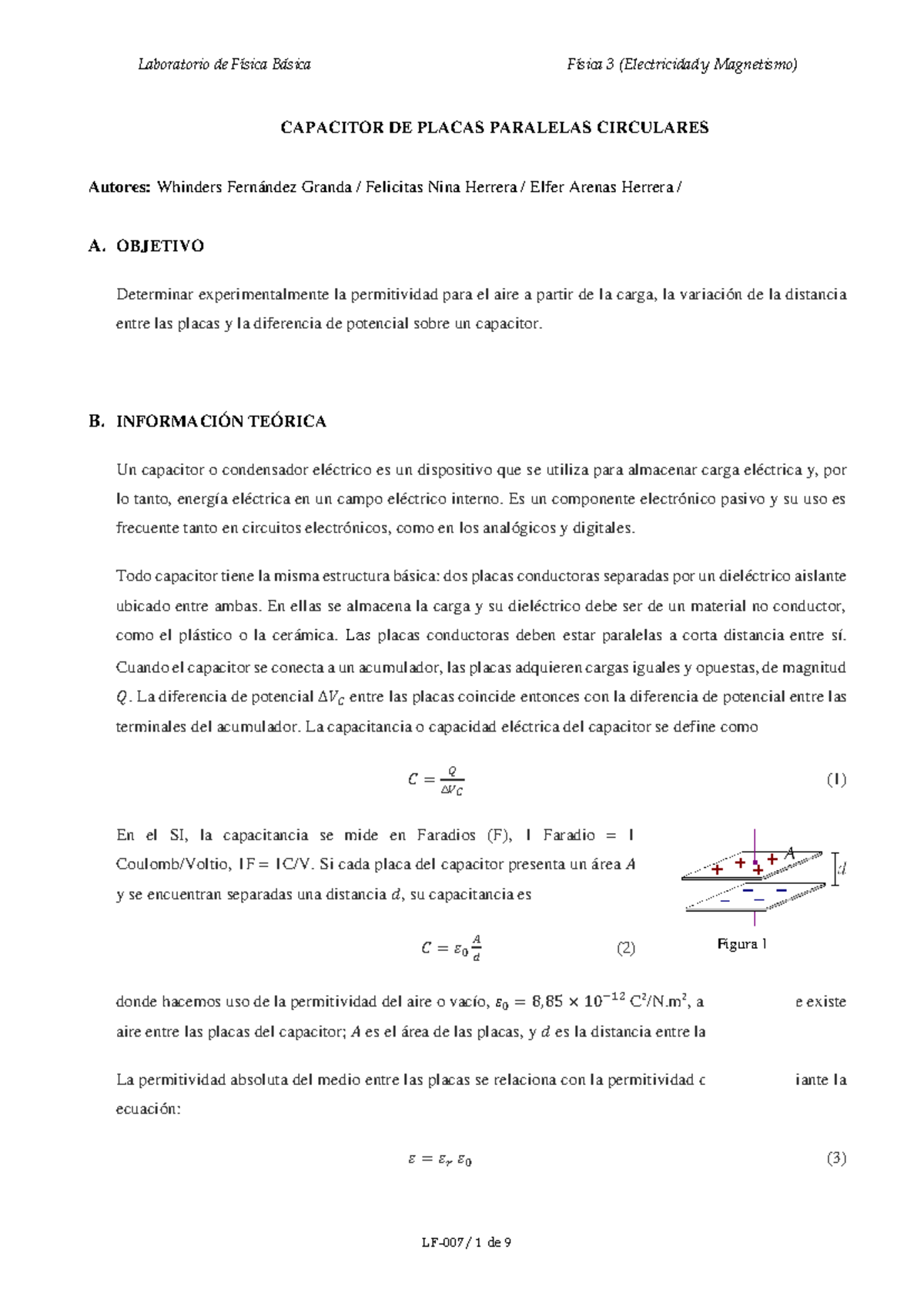 LE-005 Guia Capacitor Placas Paralelas - CAPACITOR DE PLACAS PARALELAS CIRCULARES Autores ...