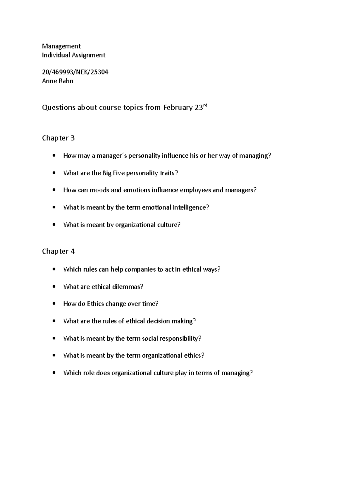 Management: Chapter 3 & 4 - Questions - Management Individual ...