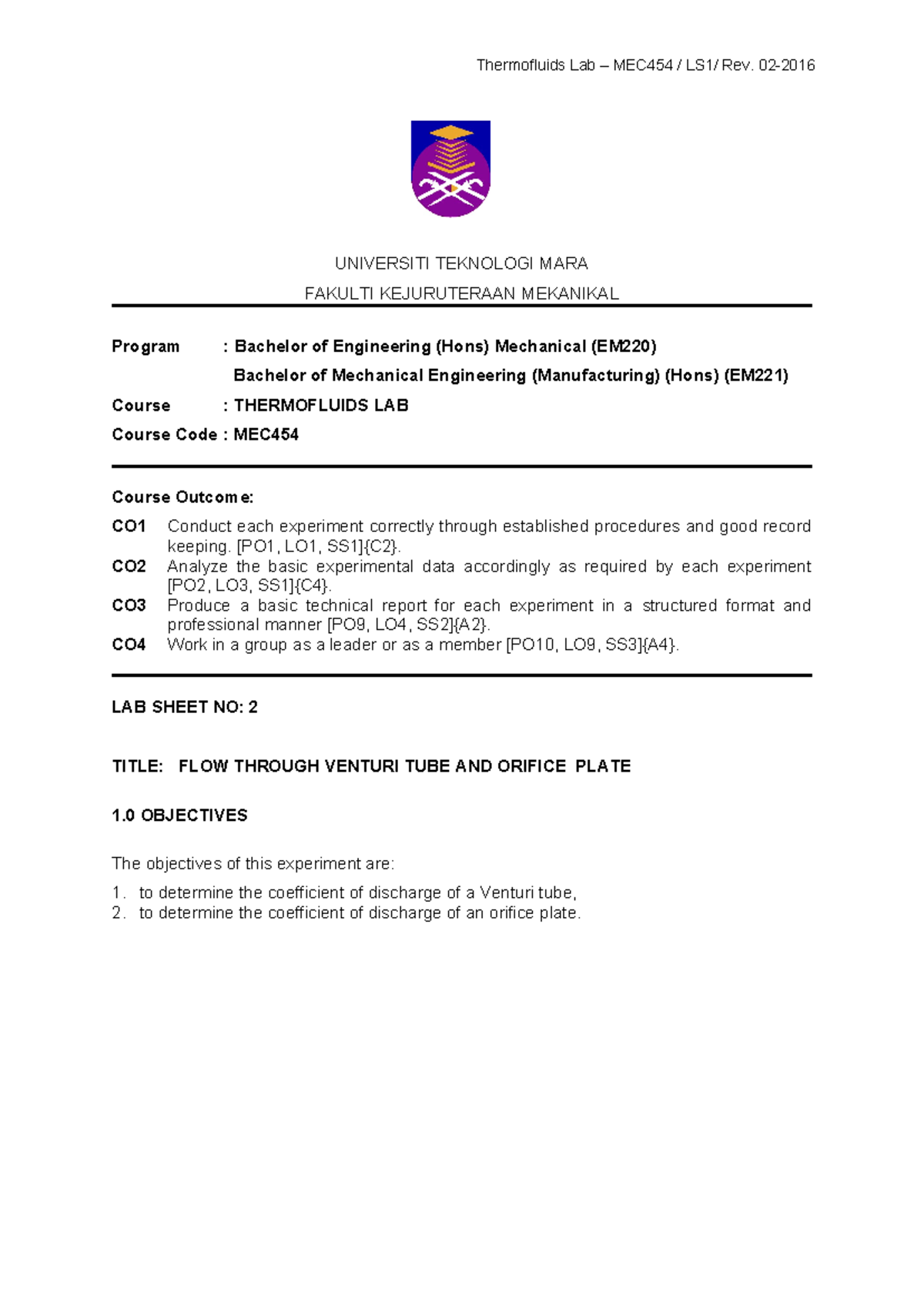 LAB 2 FLOW Through Venturi TUBE AND Orifice Plate 23sept2016 ...
