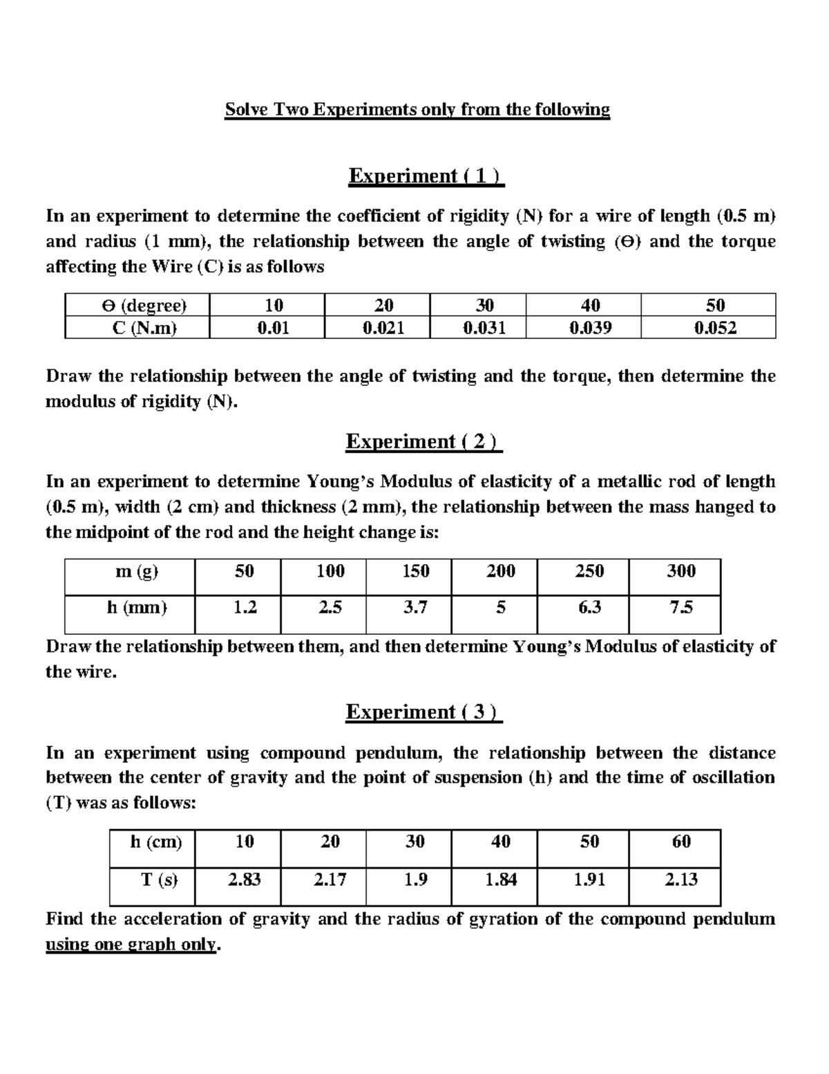 Physics 1 Practical Exam Spring 2020 - Solve Two Experiments only from ...