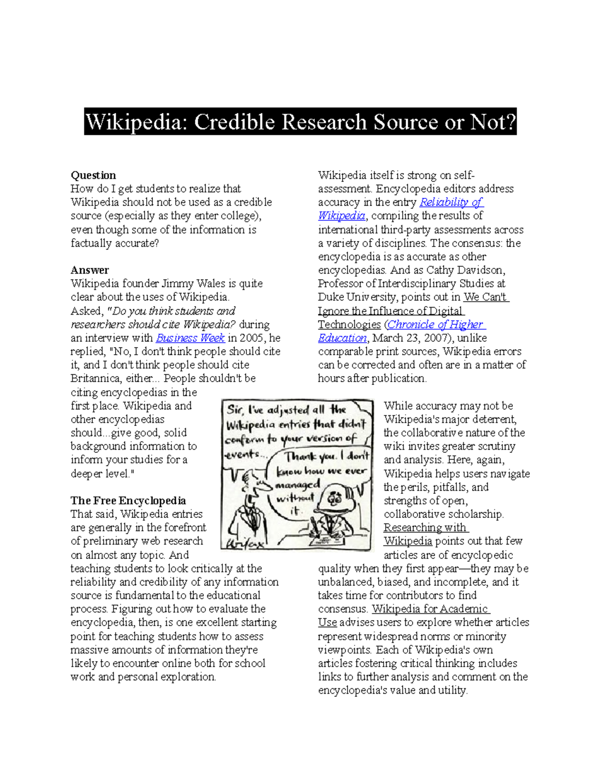 Student Copy Evaluating Credibility Wikipedia Article - Wikipedia ...