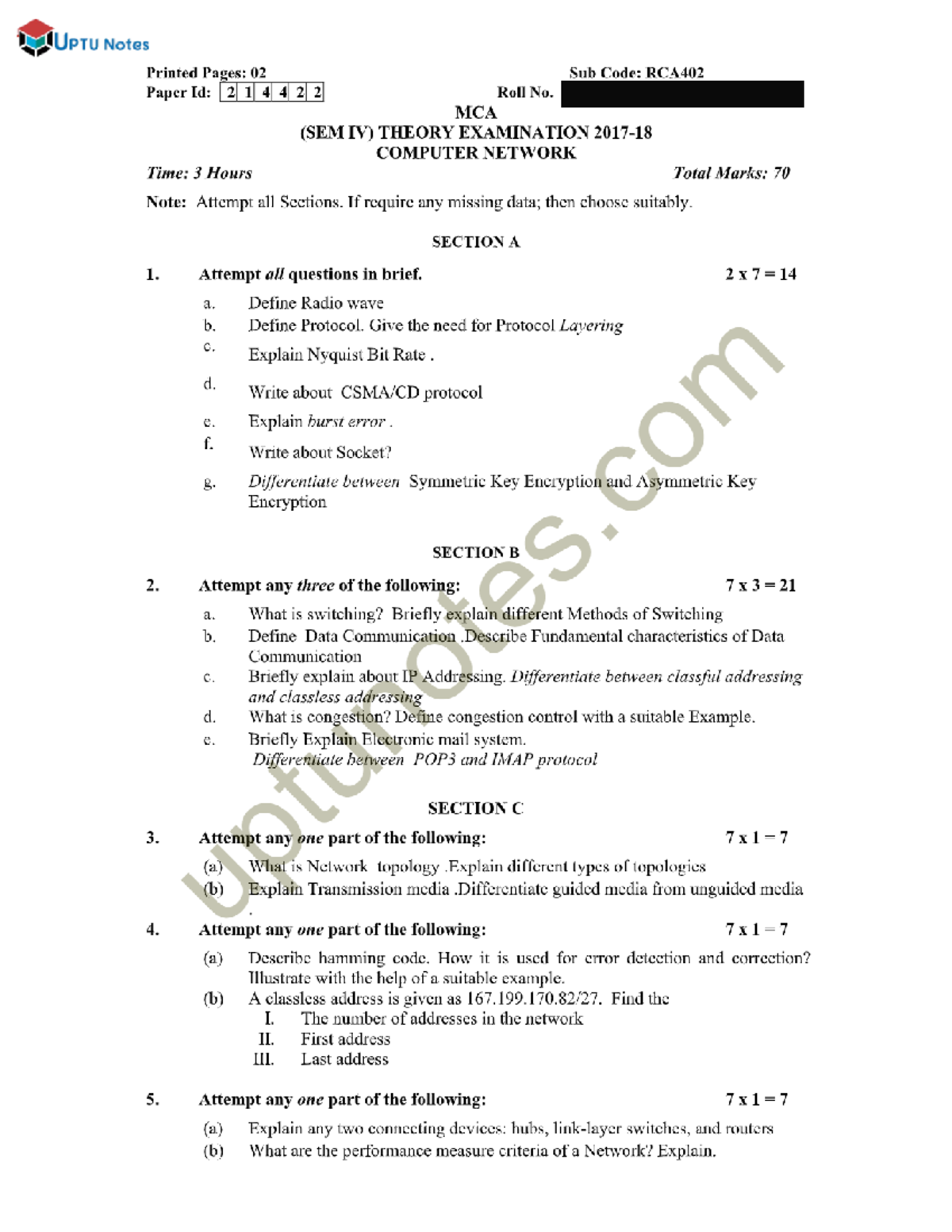 2017-18 Computer Network (RCA 402 I) Previous Year Question Paper - Master of computer ...