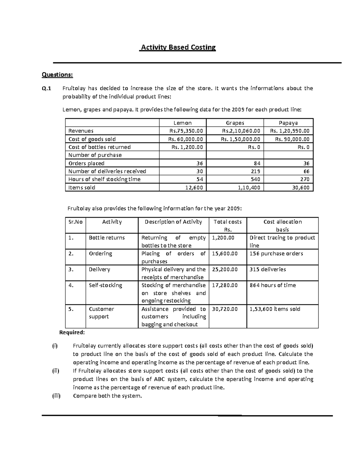 Activity based Costing practice questions and answers - Activity Based Costing Questions: Q ...