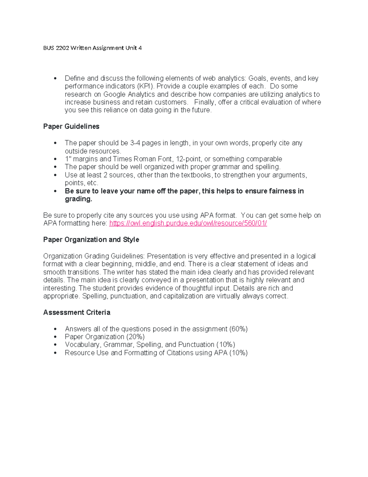 BUS 2202 Written Assignment Unit 4 Question - BUS 2202 Written Assignment Unit 4 Define and ...