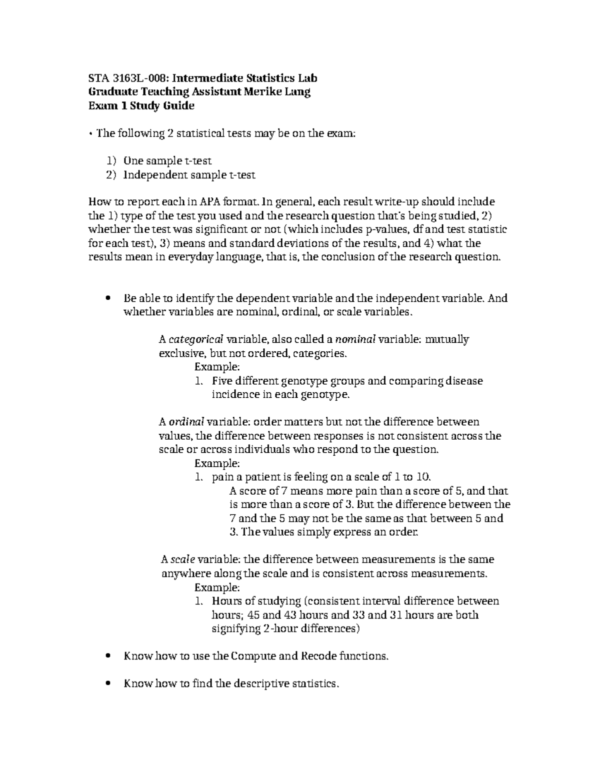 Exam 1 Stats Lab Study Guide Updated 9272018 - STA 3163L-008 ...