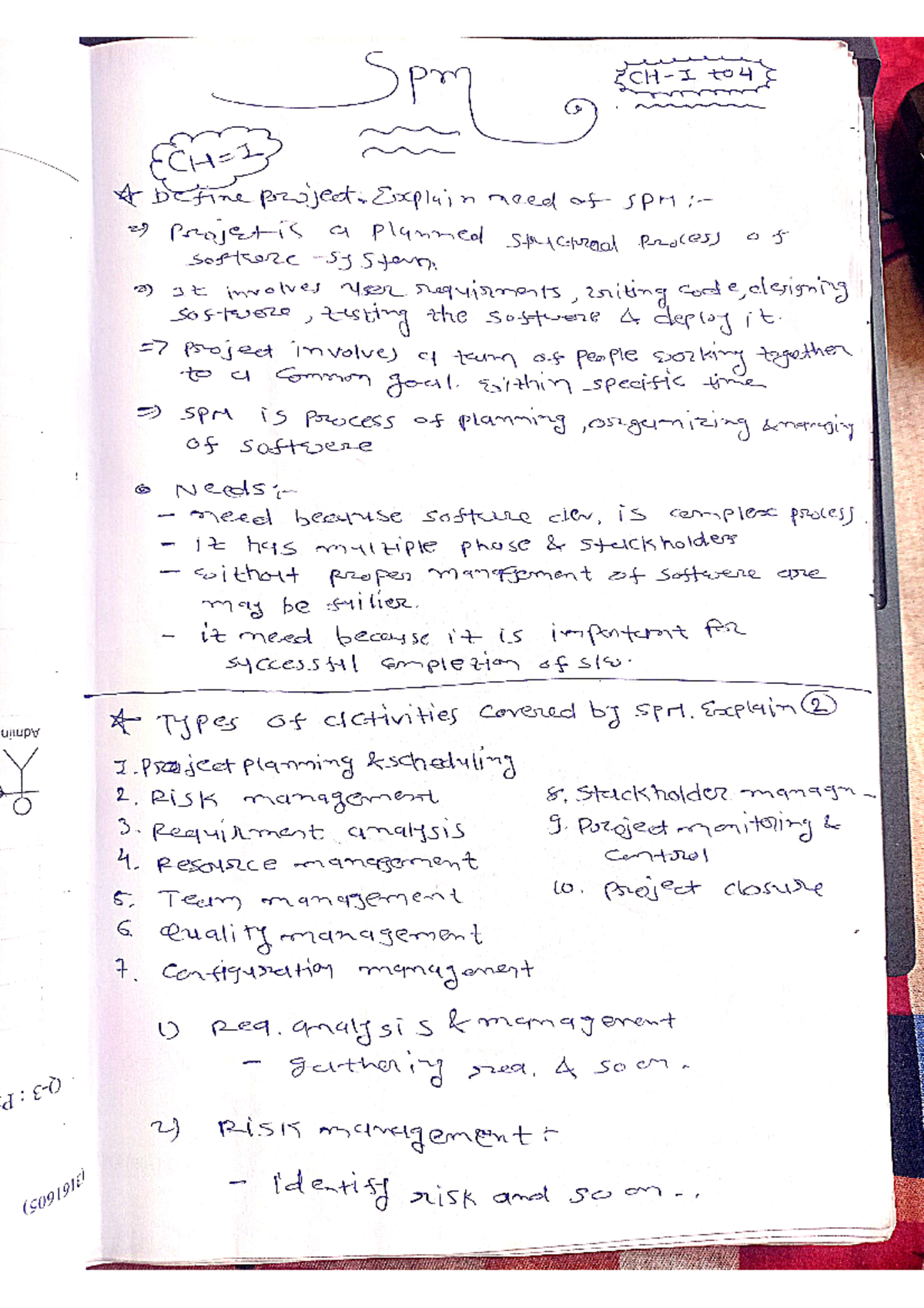 SPM - Imp topics for gtu - 5pm CH I to4 6 befine project. Explain need of SPM projectis a ...