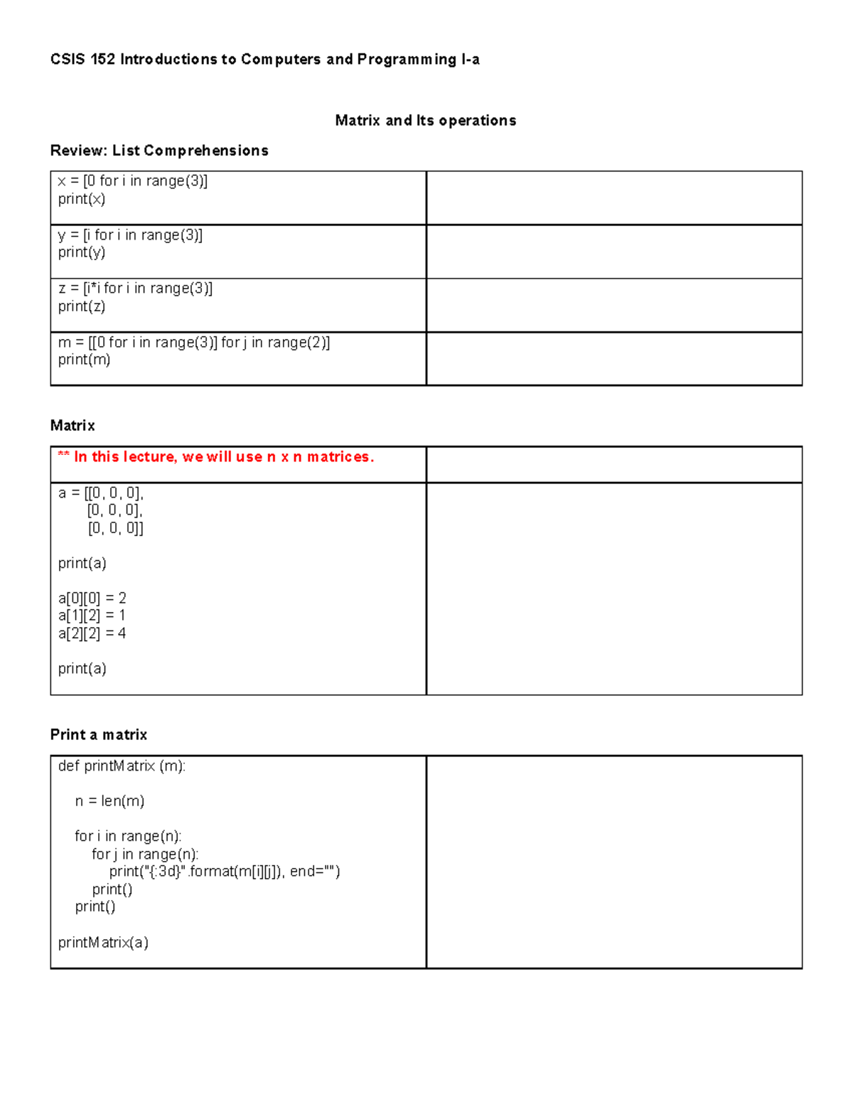 35. CSIS 152 2021-04-16-Matrix - CSIS 152 Introductions to Computers and Programming I-a Matrix ...