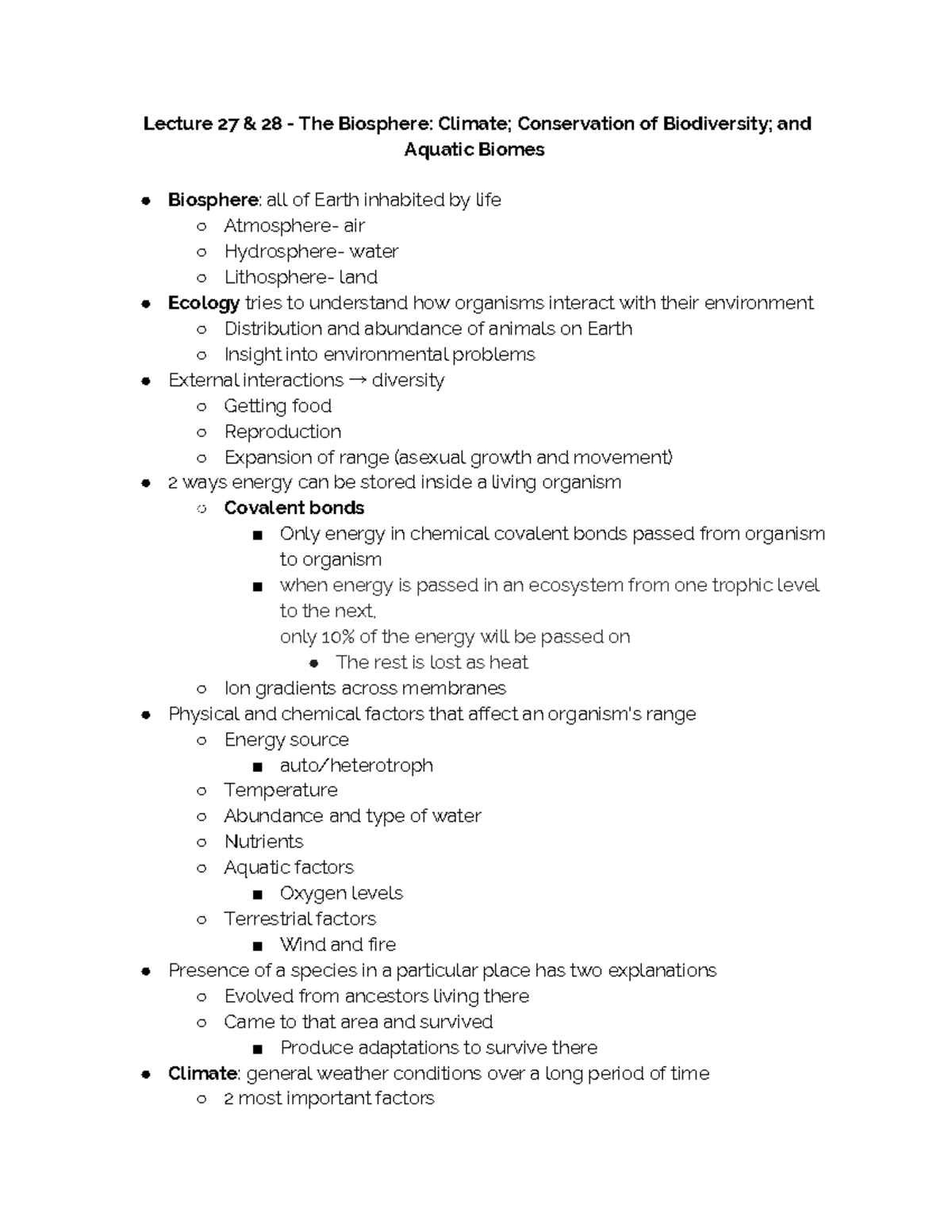 Lecture 27 & 28 - The Biosphere Climate; Conservation of Biodiversity ...