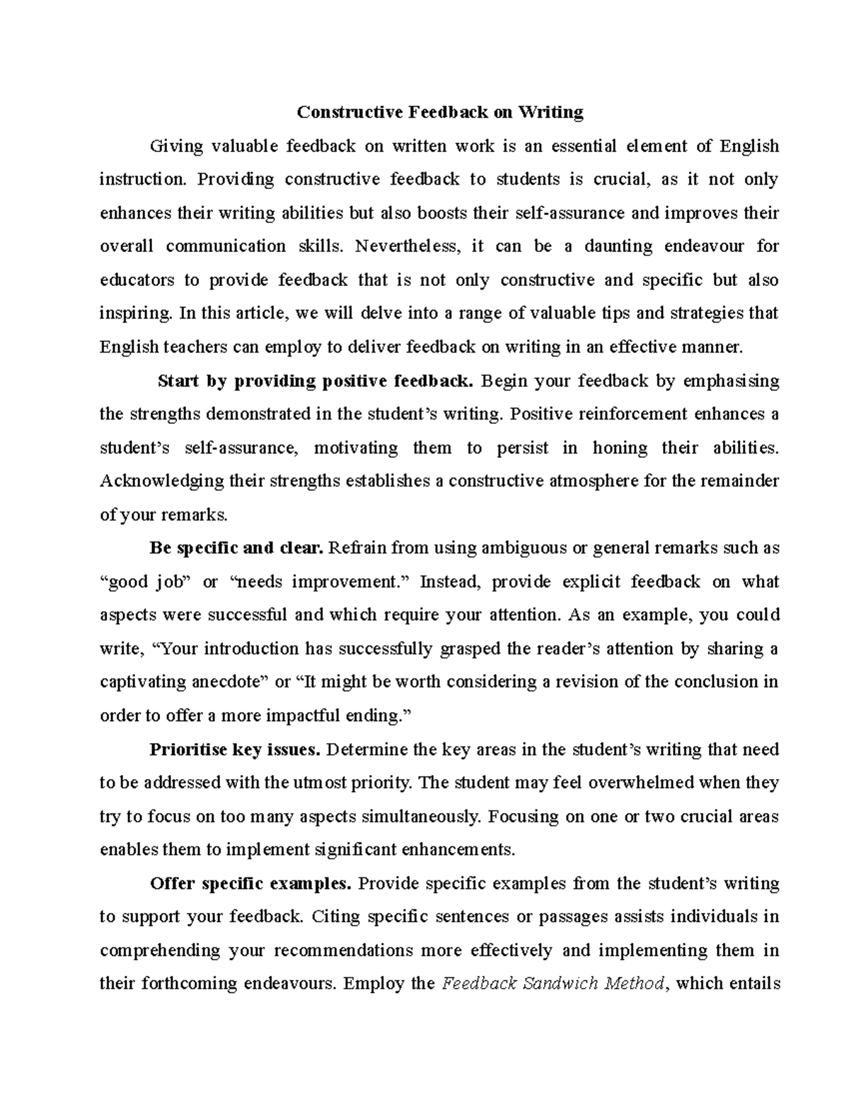 Constructive Feedback on Writing - Providing constructive feedback to ...