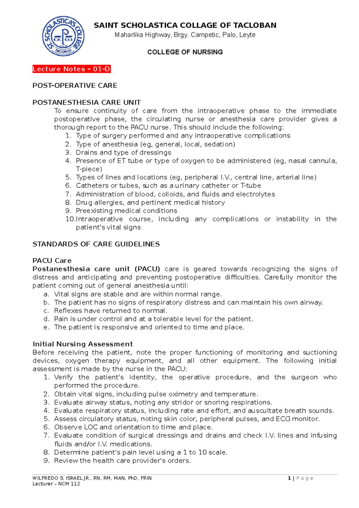 4. Post-operative Nursing Lecture Guideg - Maharlika Highway, Brgy ...