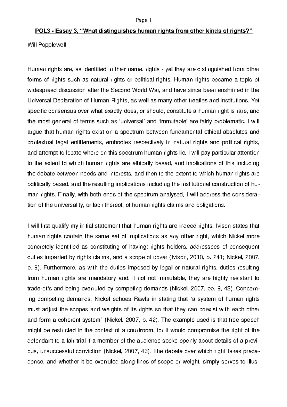 POL3 - Essay 3, “What distinguishes human rights from other kinds of ...