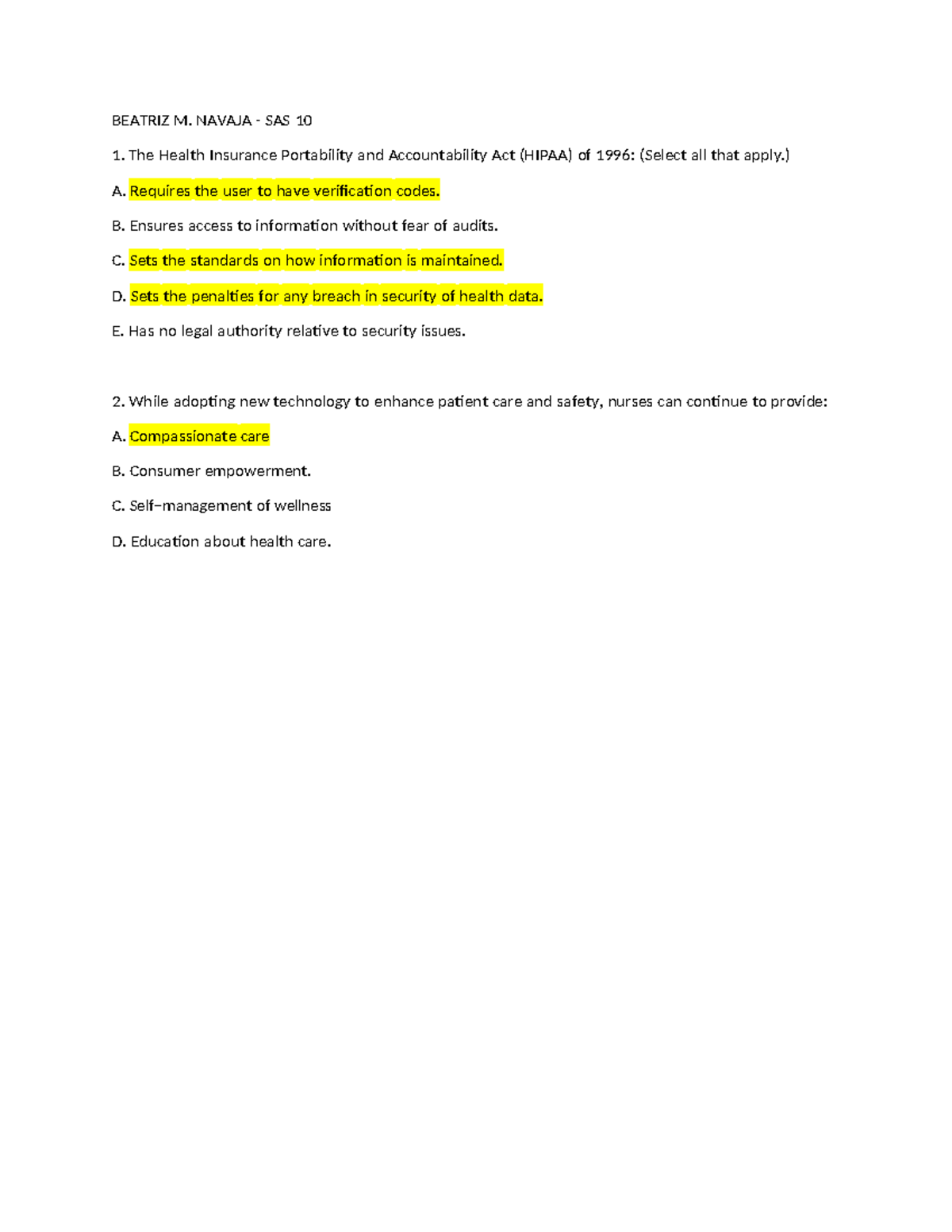 SAS 10 - sas - BEATRIZ M. NAVAJA - SAS 10 The Health Insurance Portability and Accountability ...