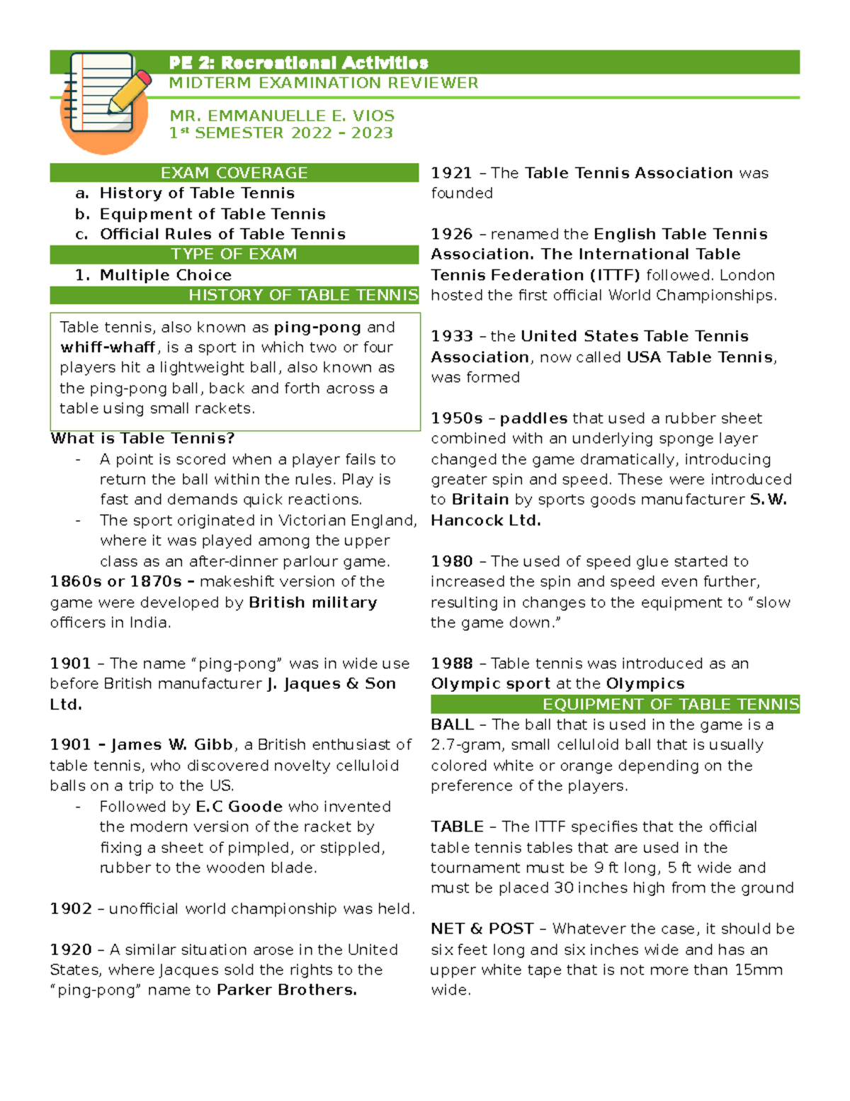 Midterm Examination Reviewer PE 2 - PE 2: Recreational Activities ...