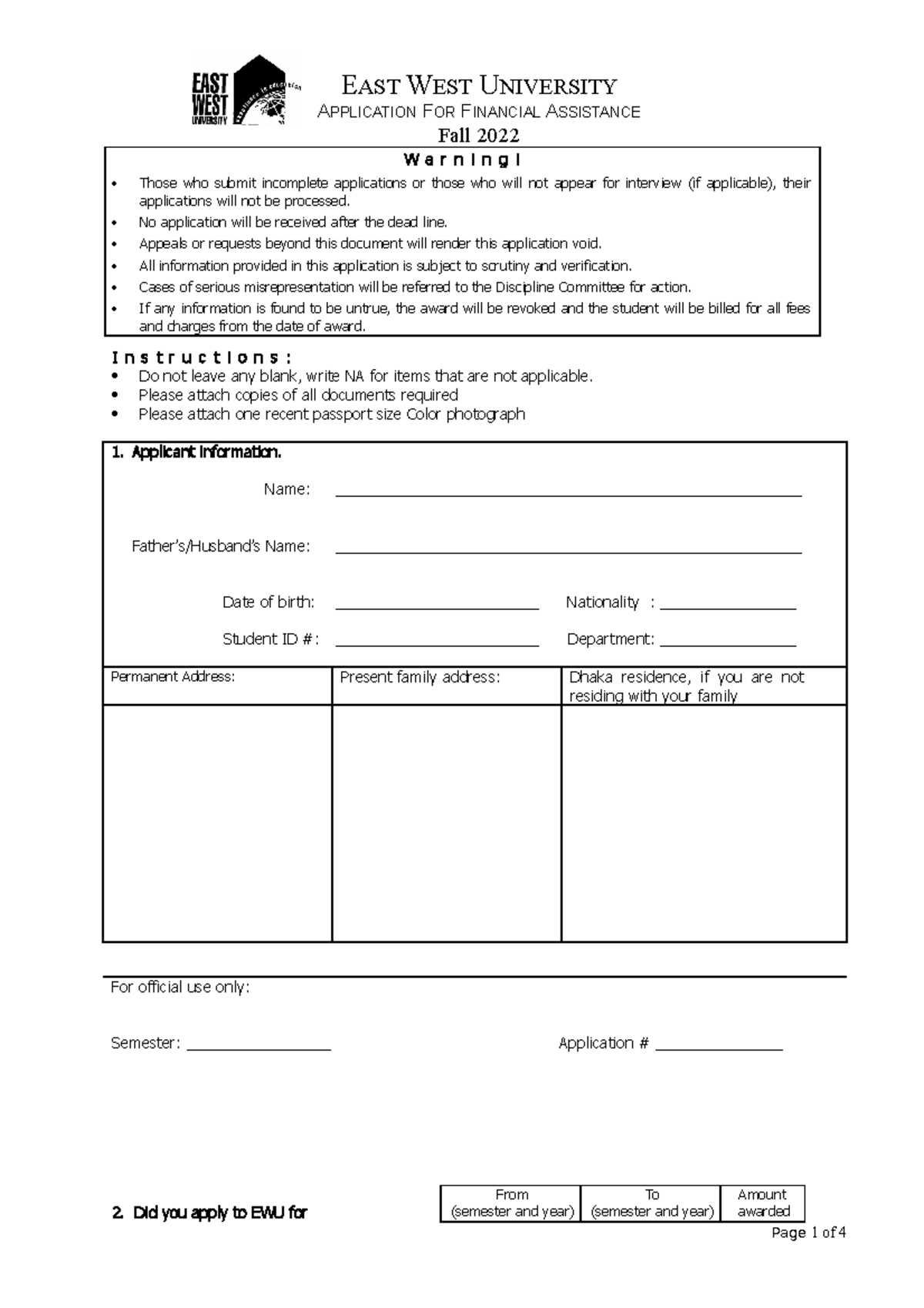 Form Financial Assistance Fall 2022 - APPLICATION FOR FINANCIAL ...