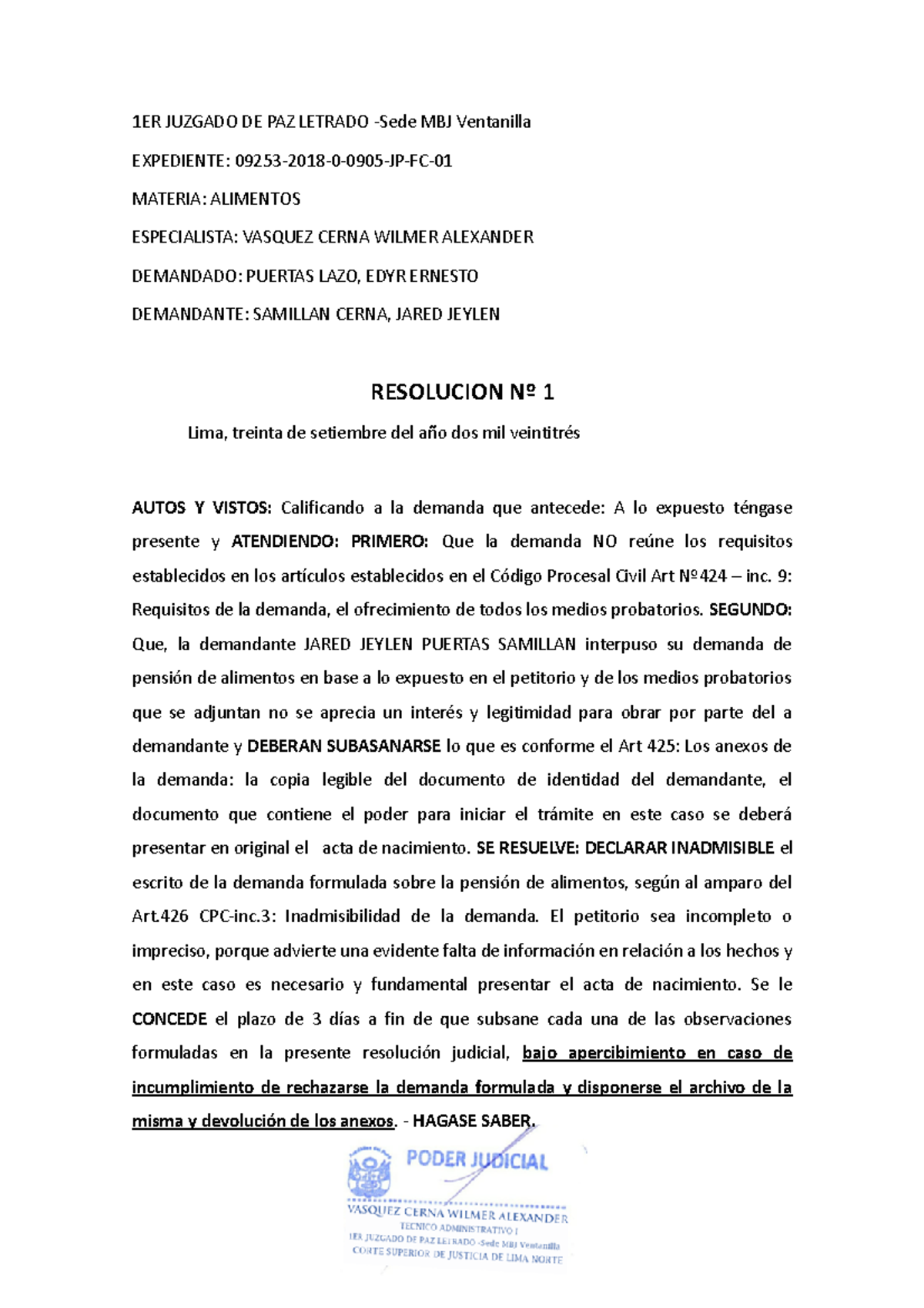 Resolución - Inadmisible -CASO 2 - derecho civil - UPN - Studocu