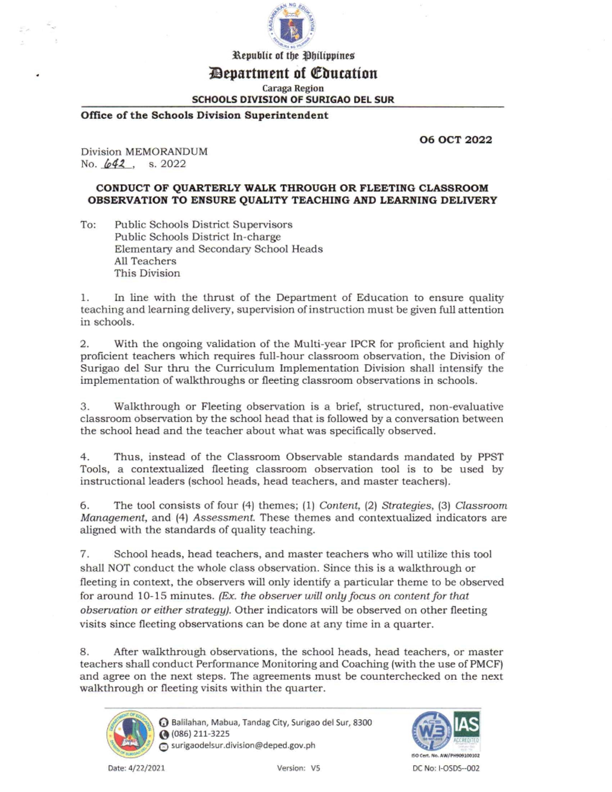 DM 642 - Deped Memo - Assessment in Learning 1 - Studocu