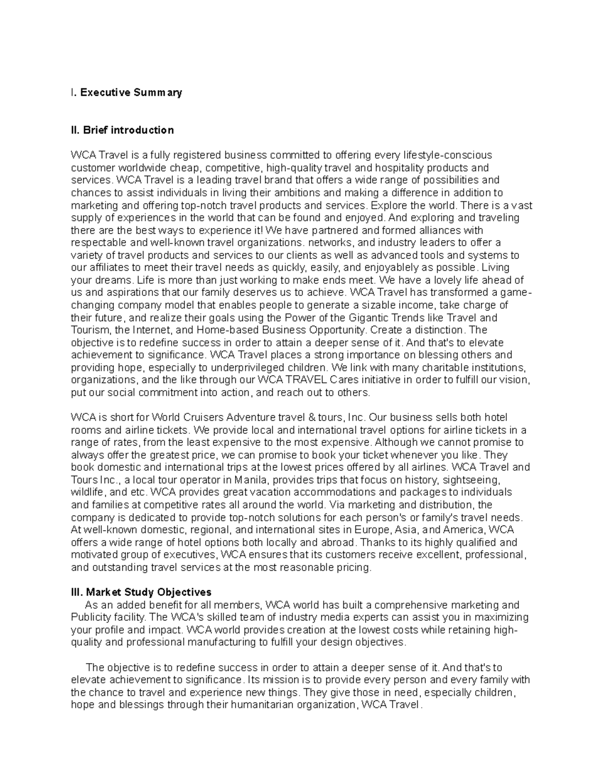 Marketing Research Draft THU 1030 THC7 - I. Executive Summary II. Brief ...