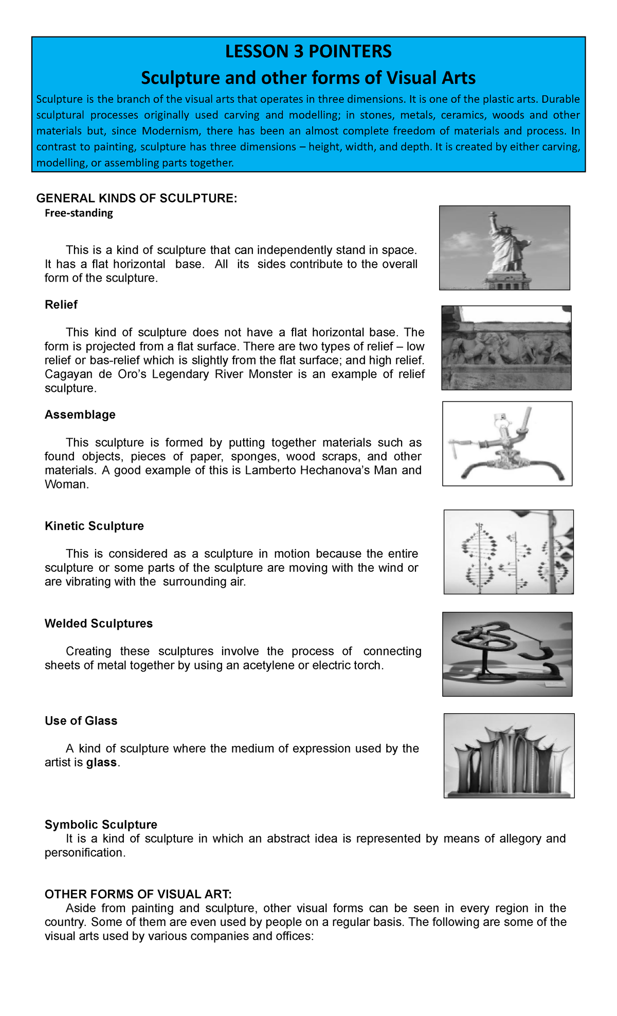 Sculpture and Other form of arts - LESSON 3 POINTERS Sculpture and ...