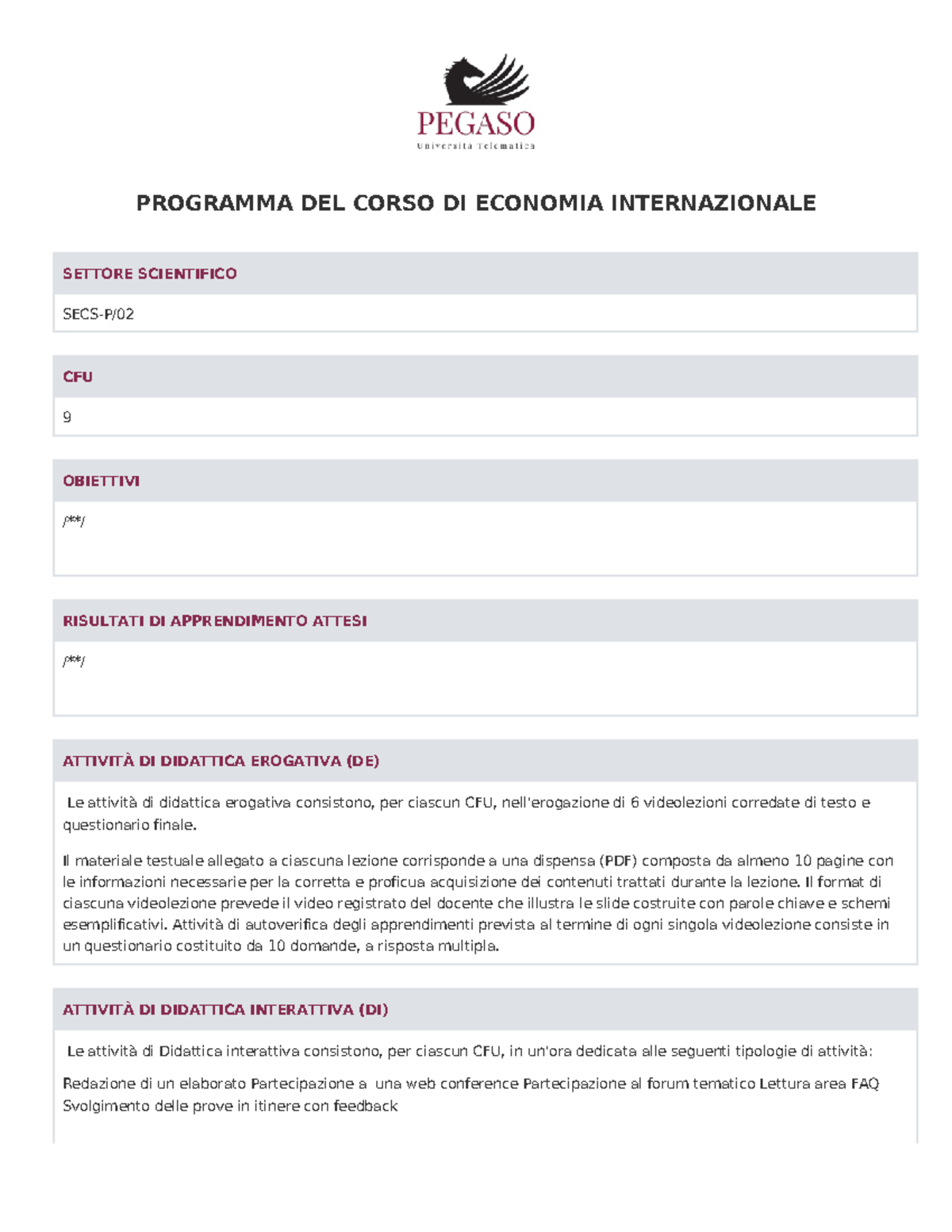 Programma d'esame - economia internazionale - Unipegaso - Studocu