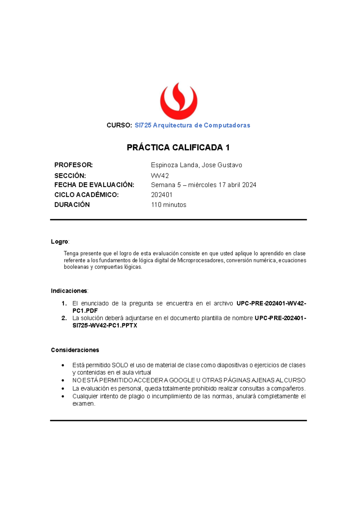 UPC PE 20240 WV42 PC1 - CURSO: SI725 Arquitectura de Computadoras ...