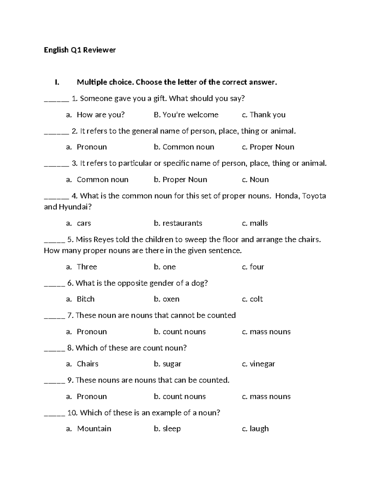 English Periodical Test Q1 - English Q1 Reviewer I. Multiple choice ...