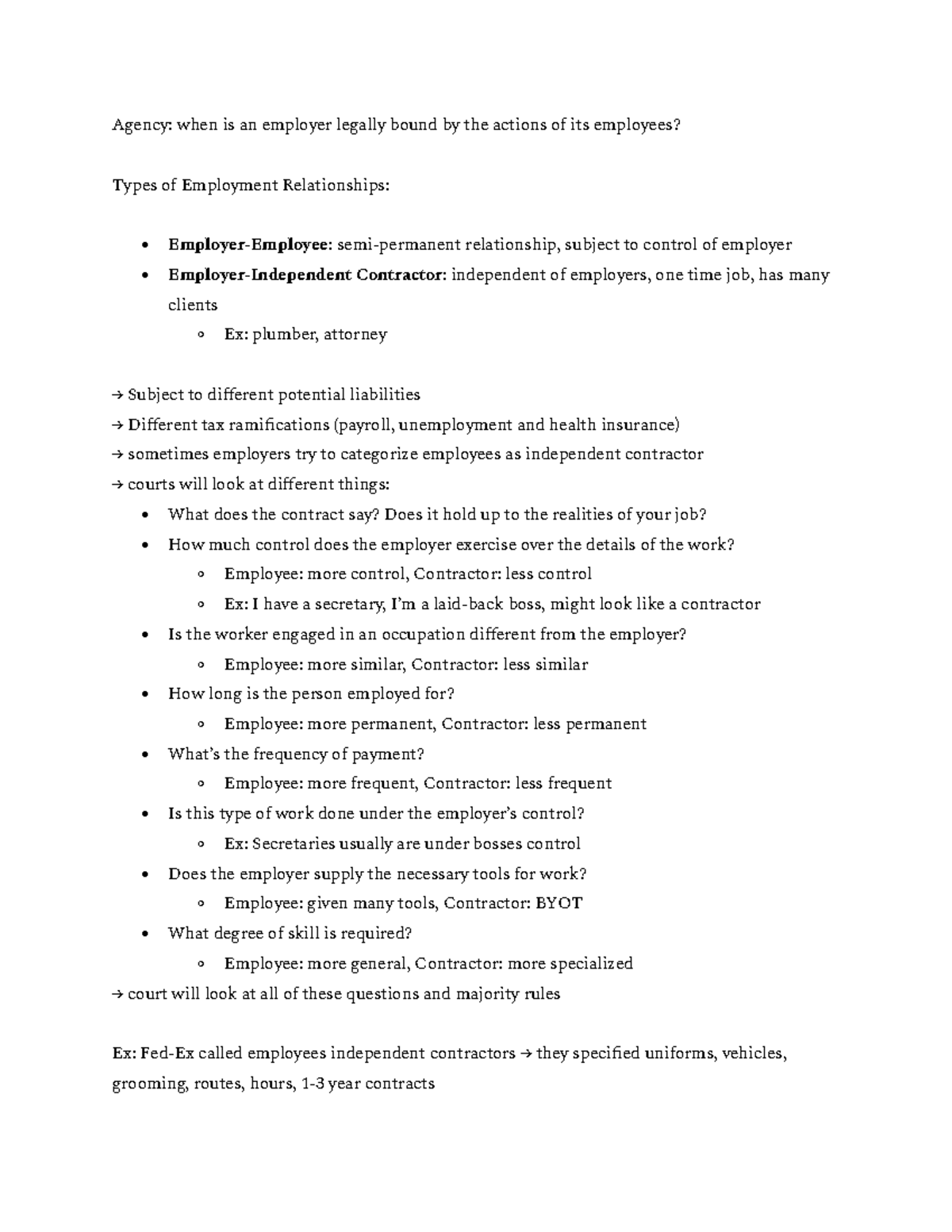 Agency Employment Law Lecture Notes - Agency: when is an employer ...