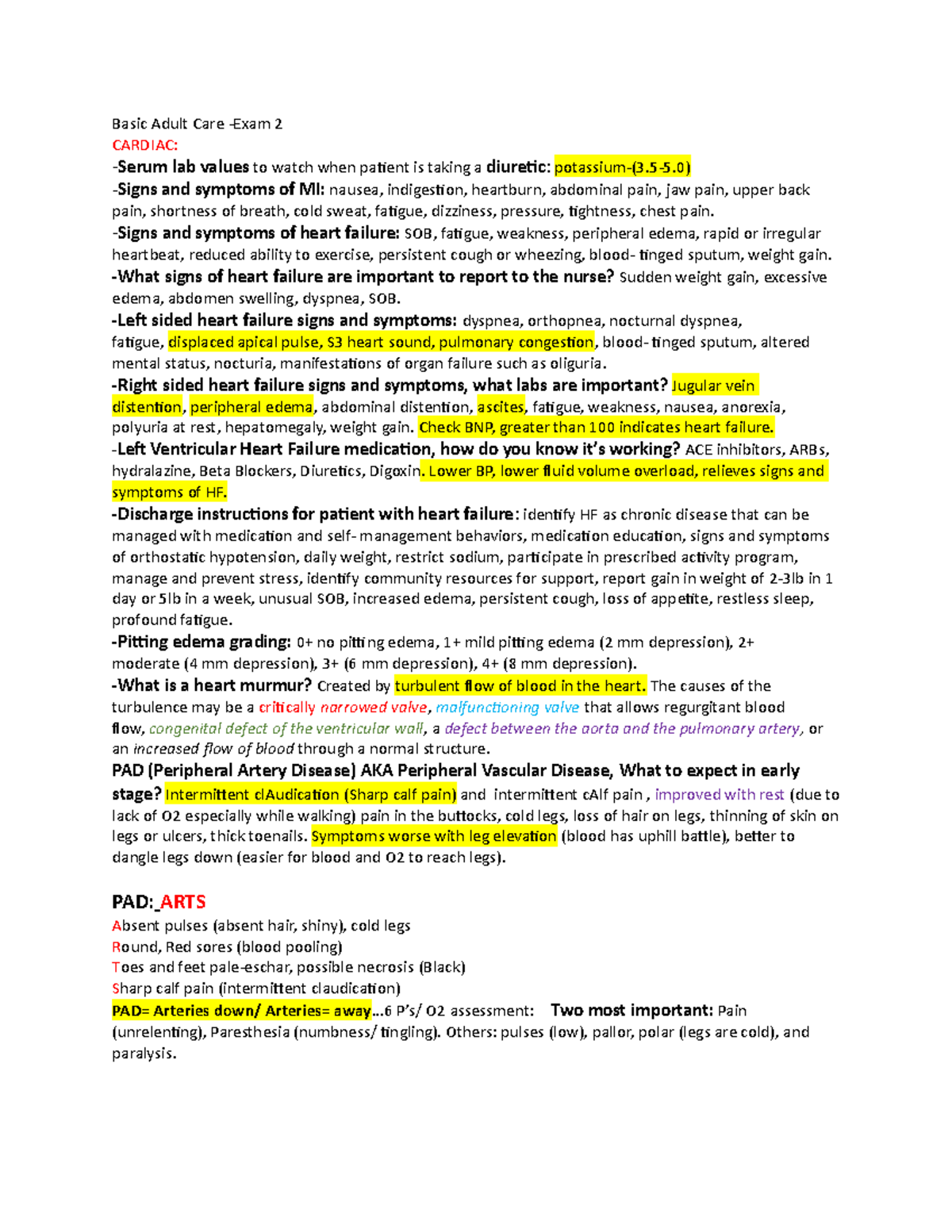 BH2exam - study guide - Basic Adult Care -Exam 2 CARDIAC: - Serum lab ...