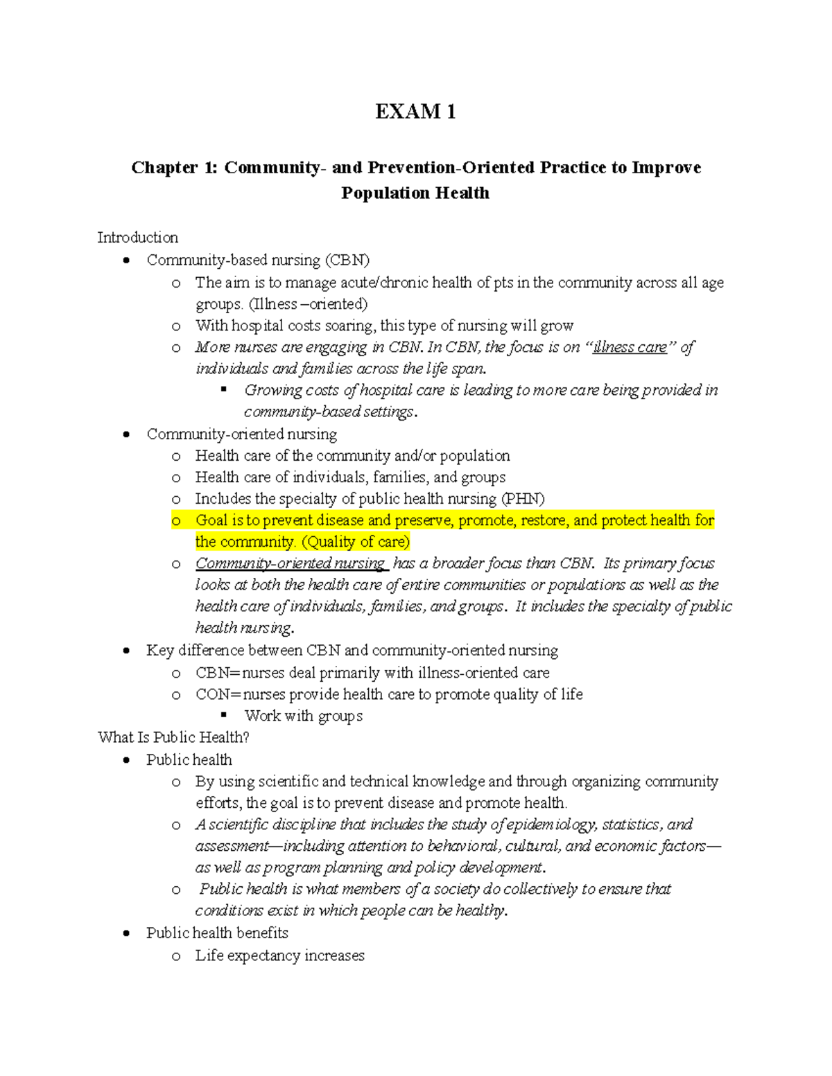 EXAM 1 POP - EXAM 1 Chapter 1: Community- and Prevention-Oriented ...