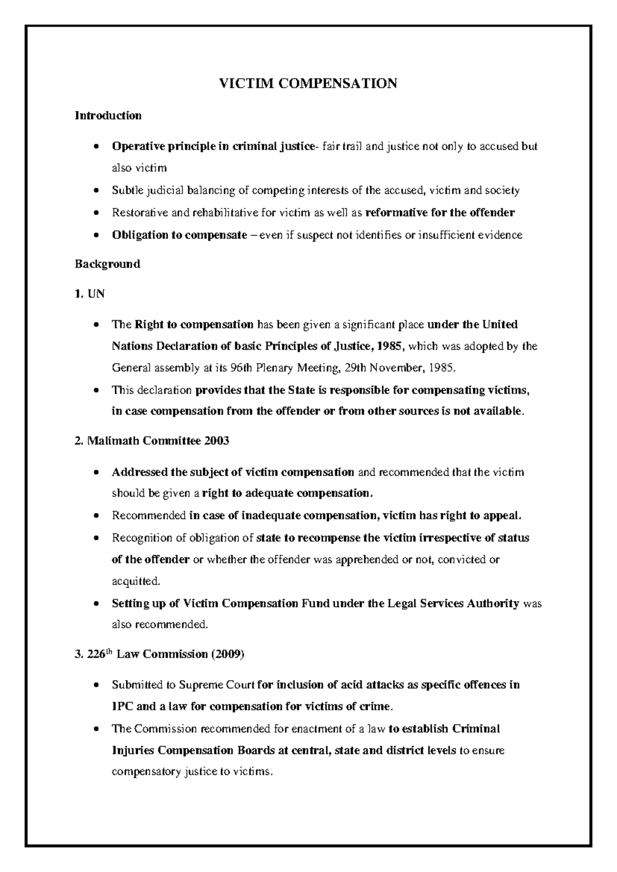 Victim compensation - summary notes - VICTIM COMPENSATION Introduction ...