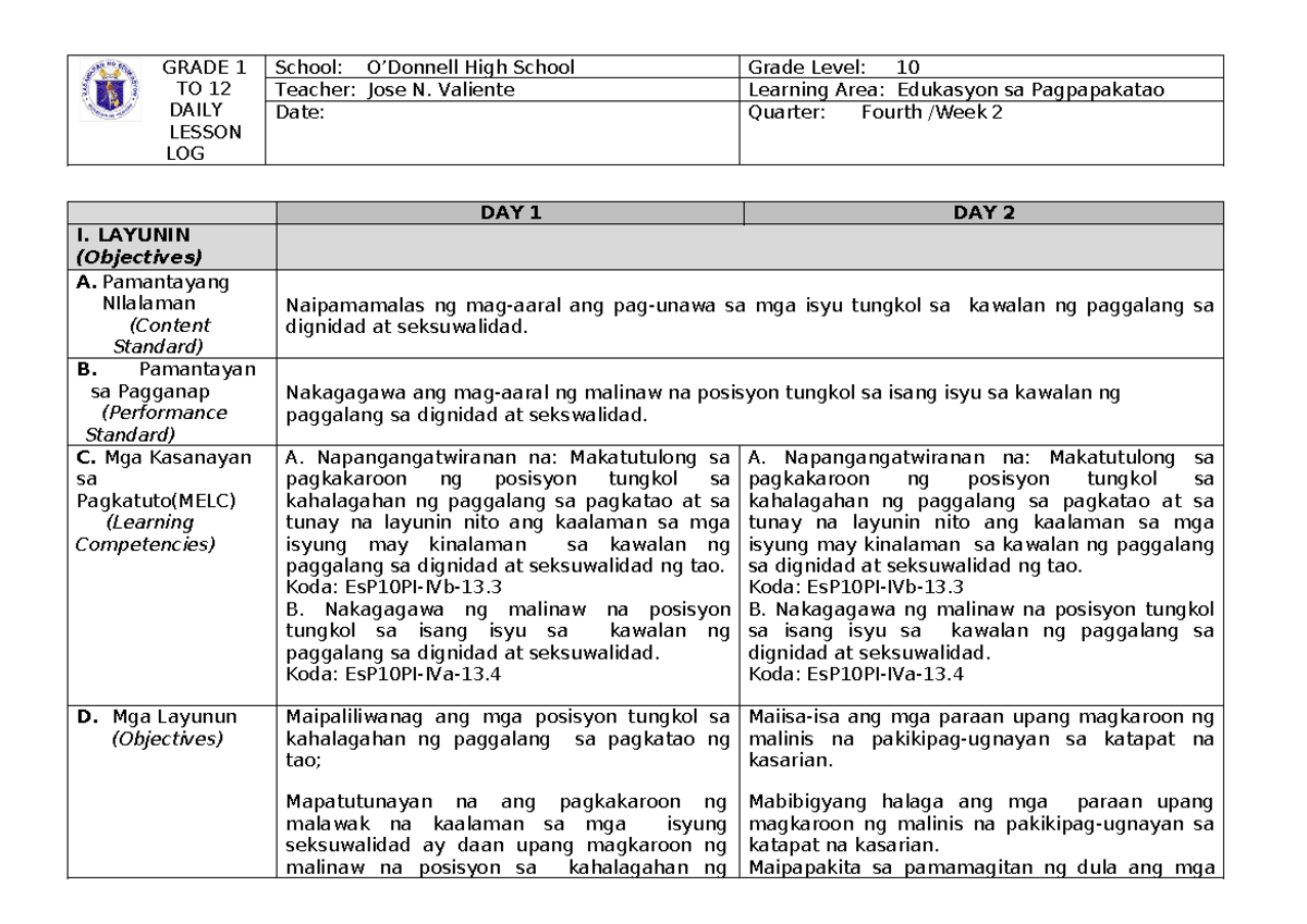 ESP-10-4th-QTR-Week-2 - GRADE 1 TO 12 DAILY LESSON LOG School: O ...