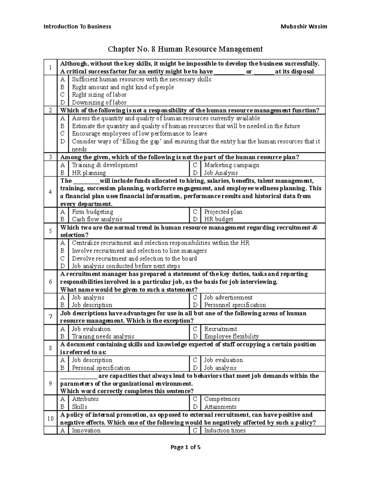 Chapter No. 8 Assignment - Chapter No. 8 Human Resource Management 1 ...