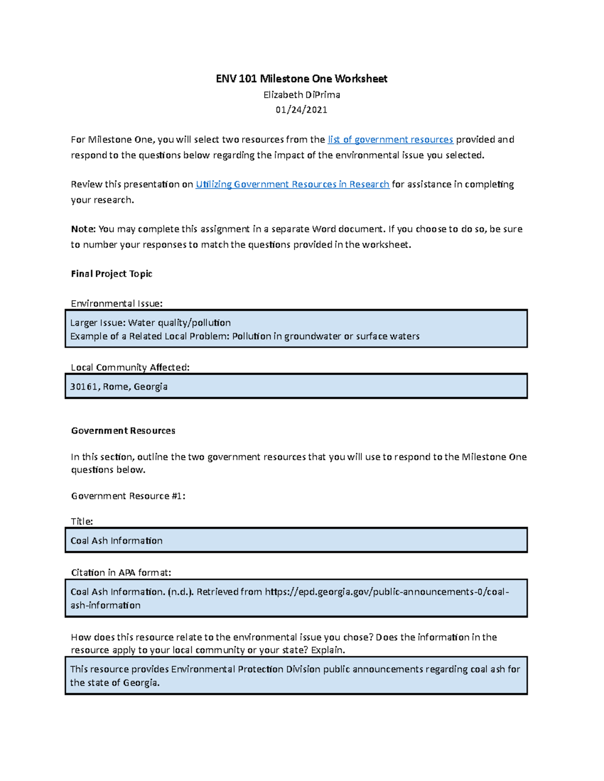 ED ENV 101 Milestone One Worksheet - ENV 101 Milestone One Worksheet ...