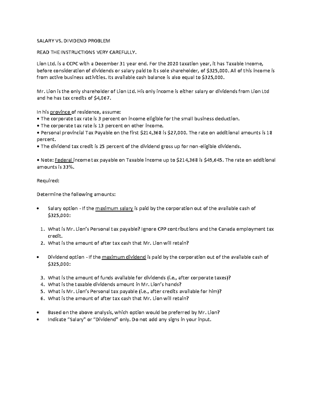 QUIZ 3 - Salaries VS Dividends Review - SALARY VS. DIVIDEND PROBLEM ...