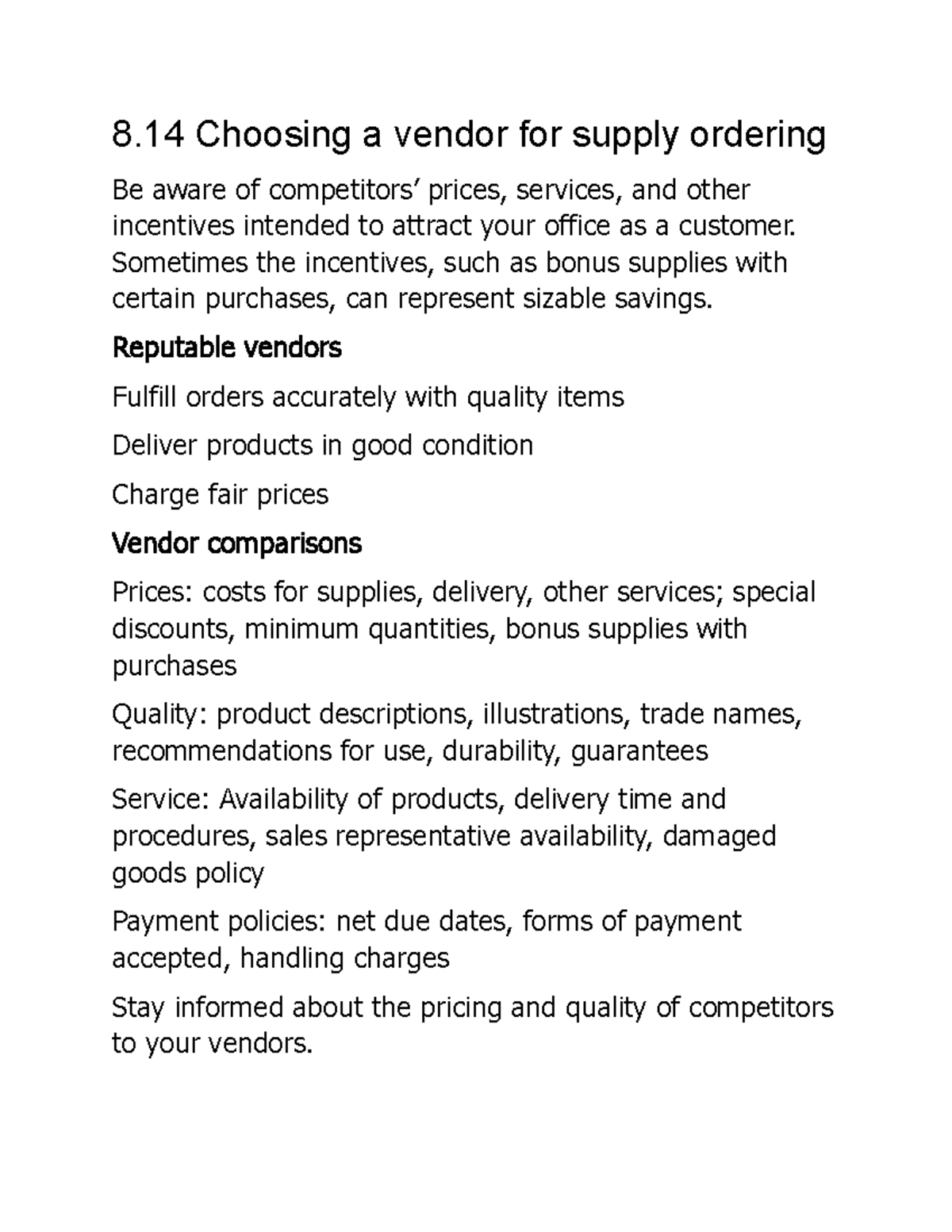 Summary notes on 8.14 Choosing a vendor for supply ordering - 8 ...