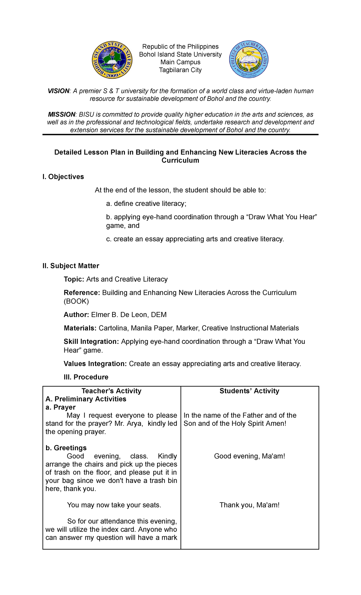 Lesson Plan (Day 1) - Republic of the Philippines Bohol Island State University Main Campus ...