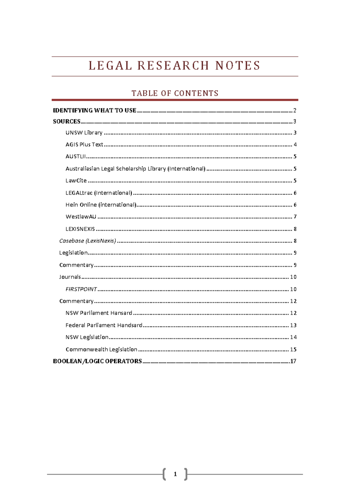 LAWS1052 Legal Research Notes - L E G A L R E S E A R C H N O T E S ...
