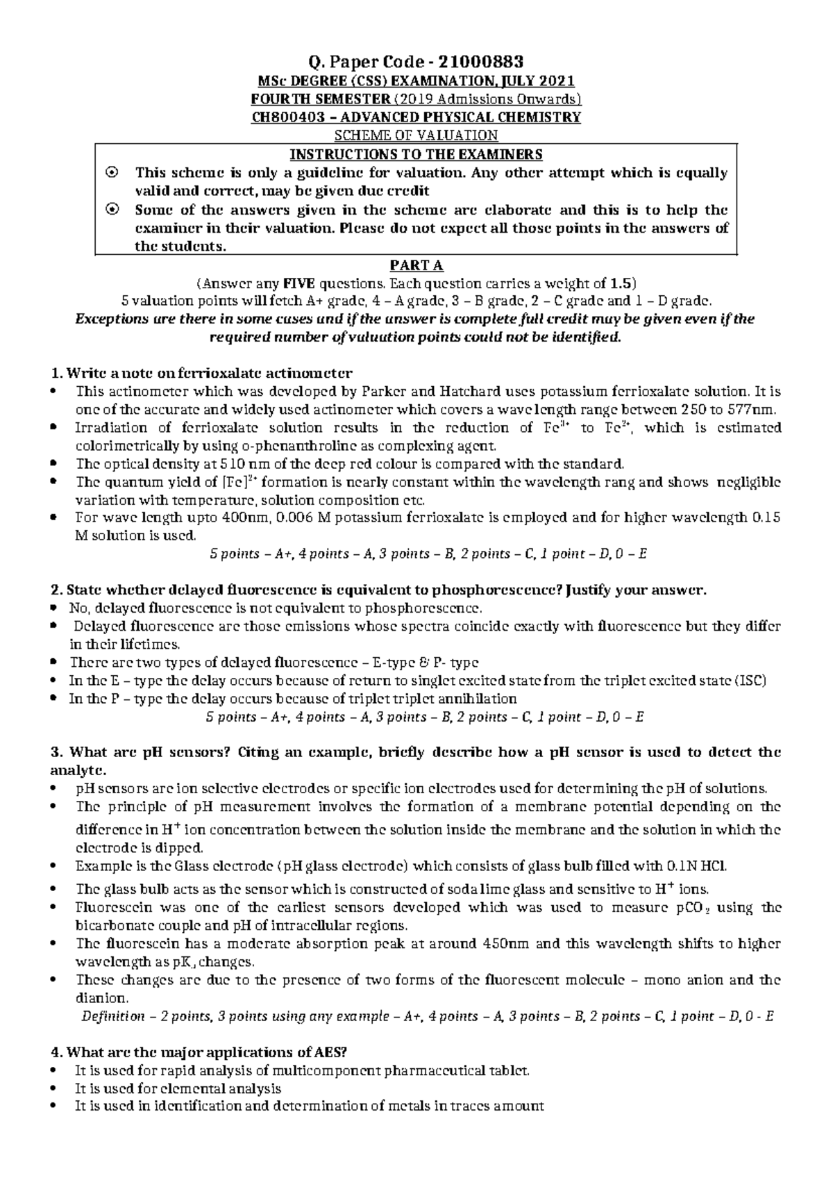 2021 Advanced Physical Chemistry - Q. Paper Code - 21000883 MSc DEGREE (CSS) EXAMINATION, JULY ...