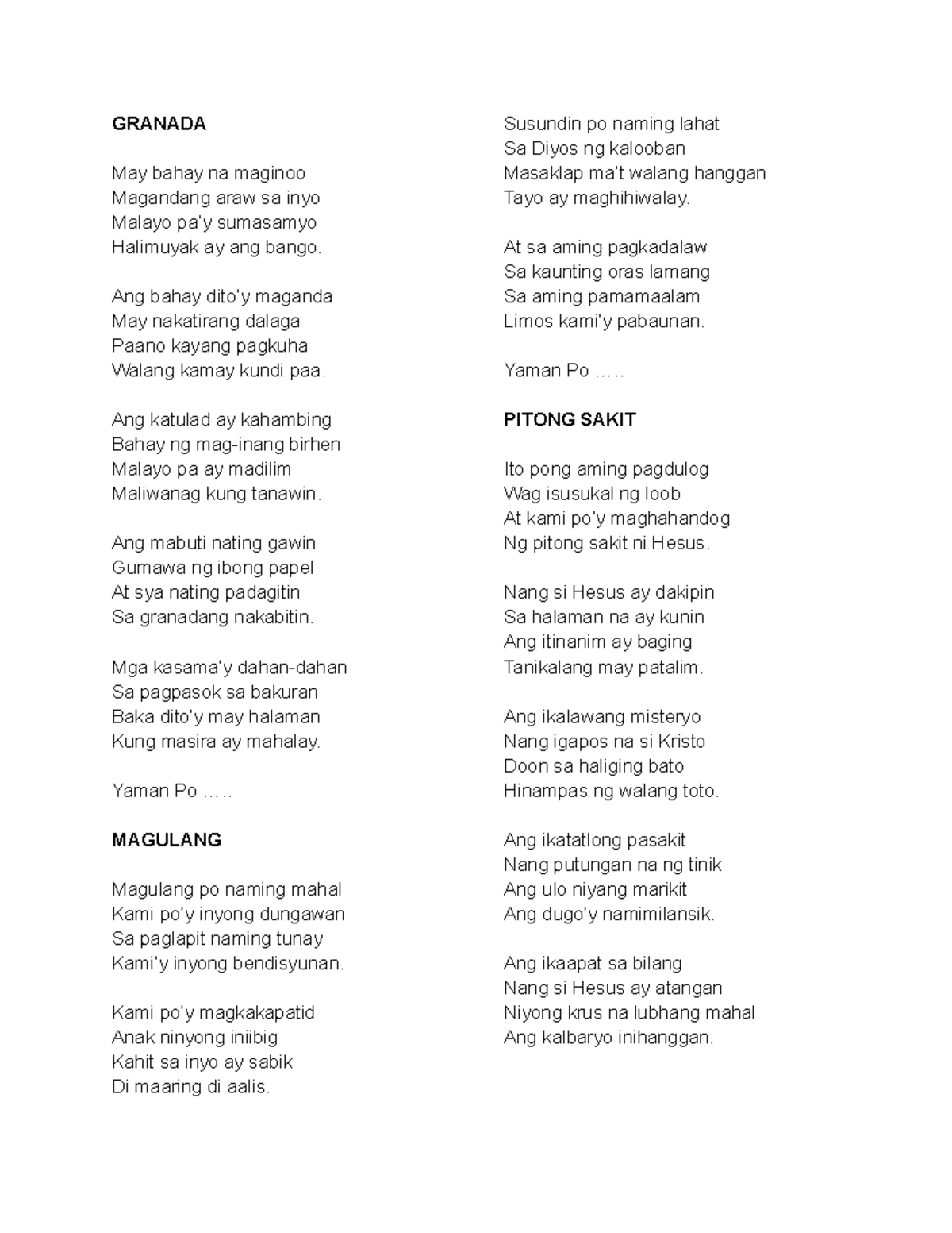 Undas- Songs - GRANADA May bahay na maginoo Magandang araw sa inyo ...
