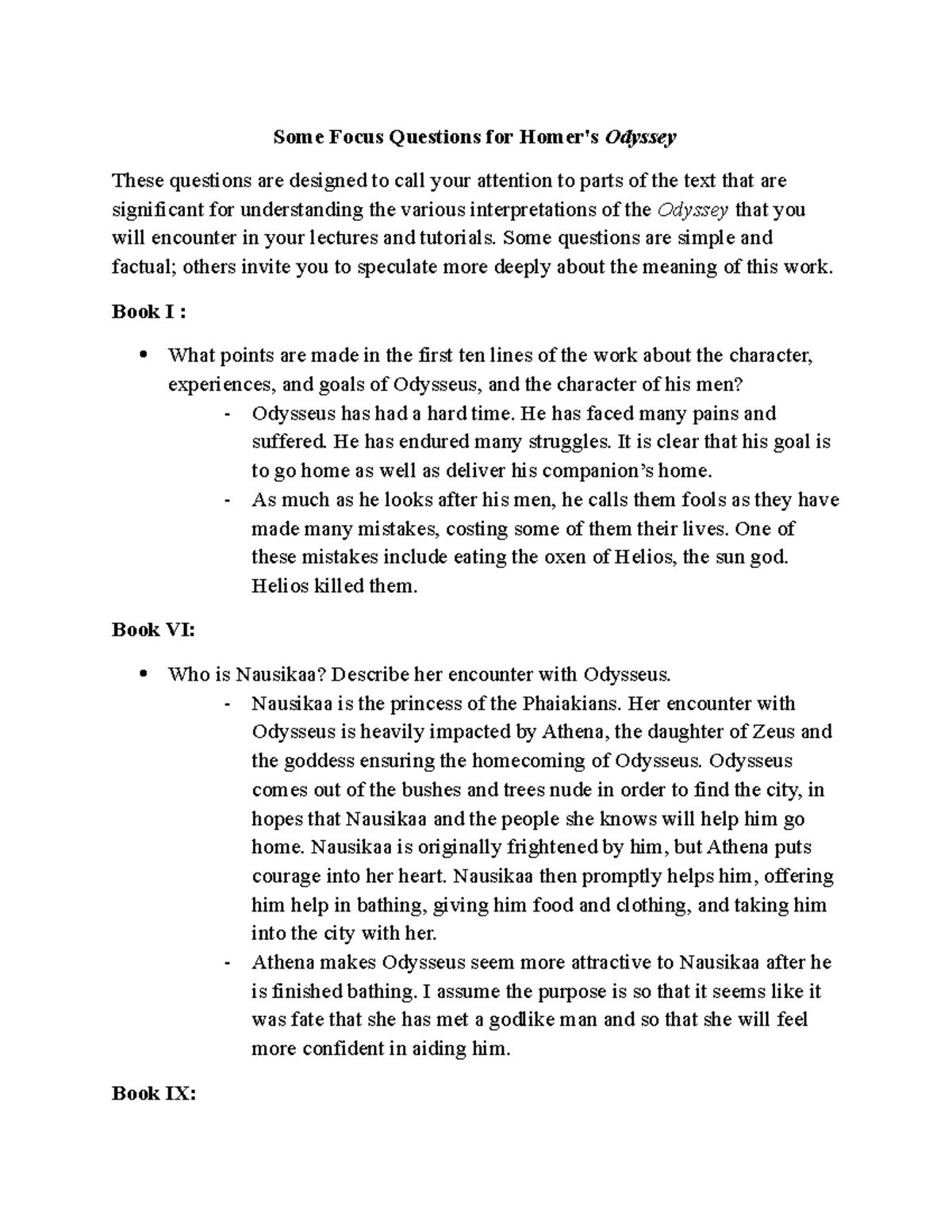 Odyssey Focus Questions - Some Focus Questions for Homer's Odyssey ...