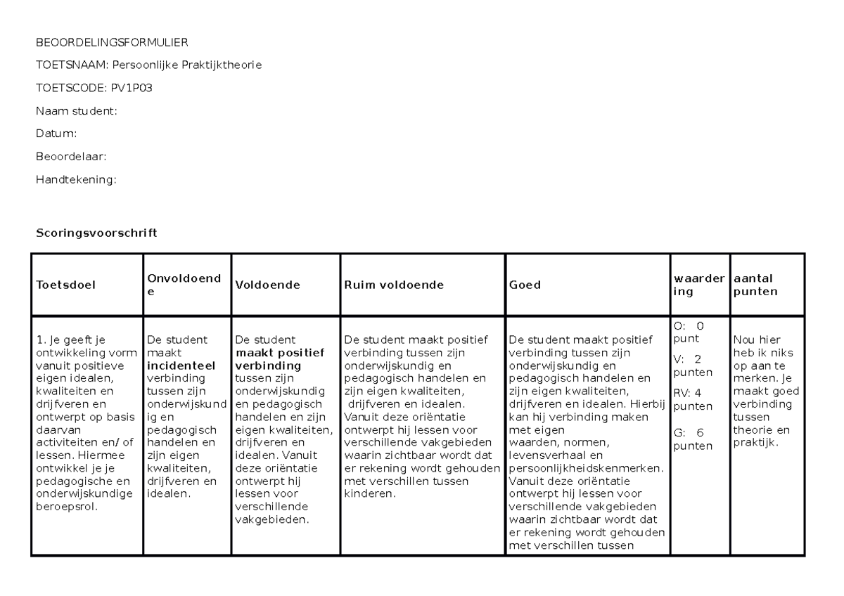 Beoordelingsformulier PV1P03 - BEOORDELINGSFORMULIER TOETSNAAM ...