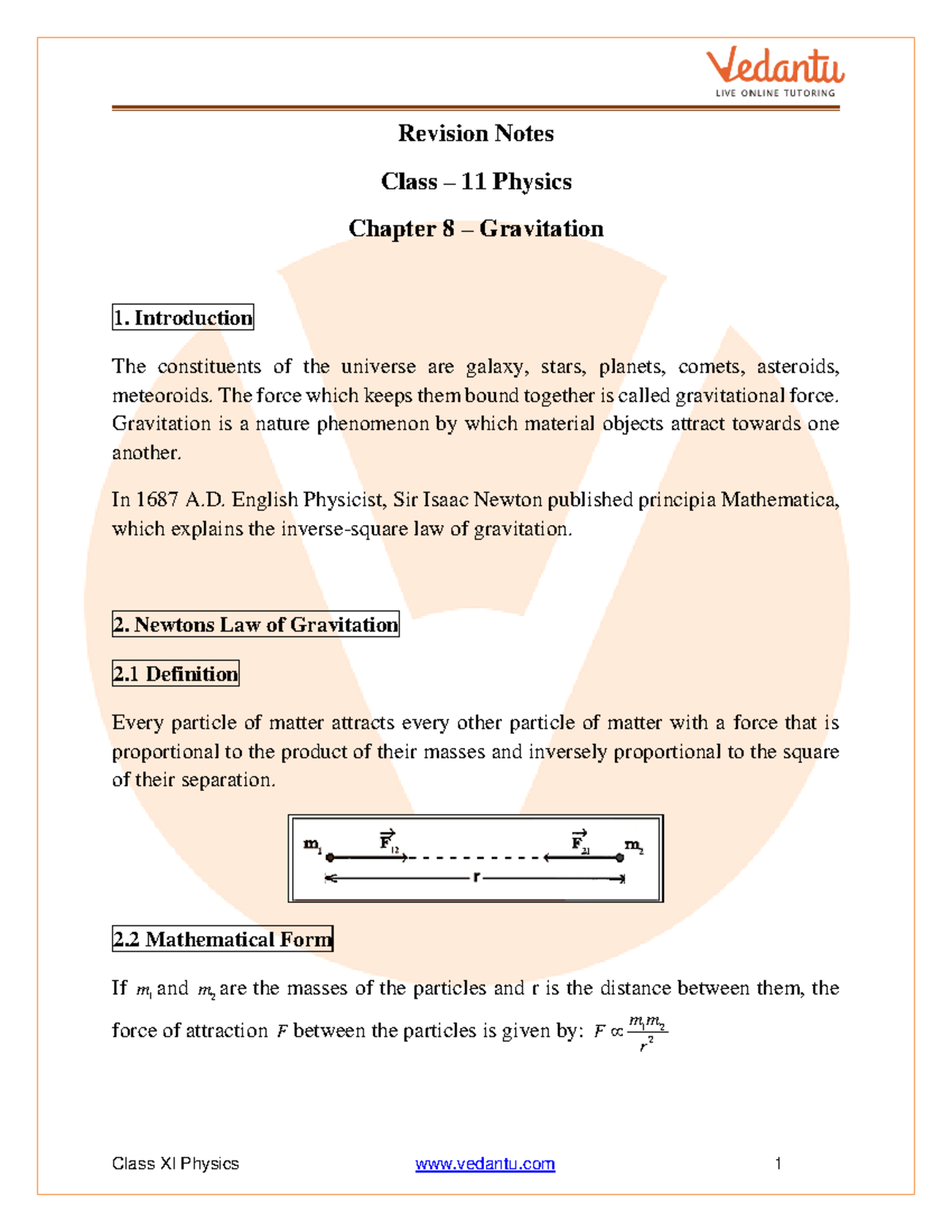 Class 11 Physics Revision Notes Gravitation - Revision Notes Class – 11 ...